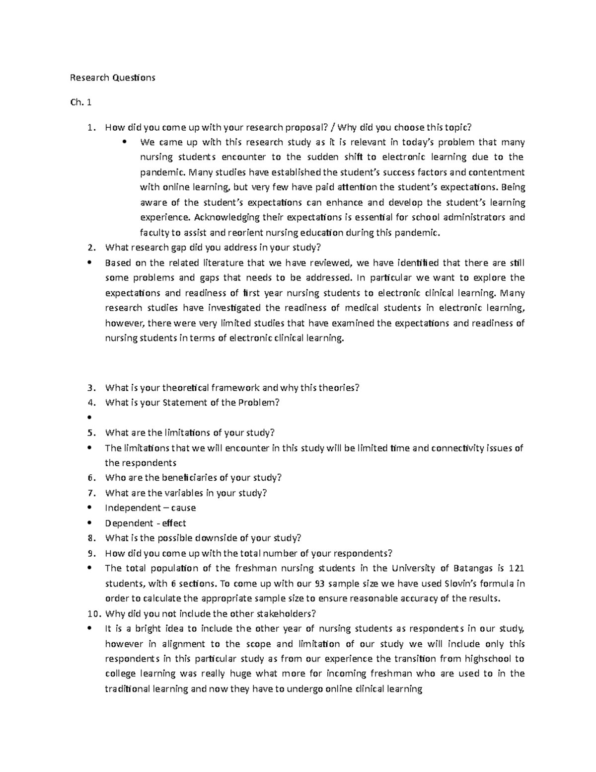 Sample Q - Vjjkk - Research Questions Ch. 1 How did you come up with ...