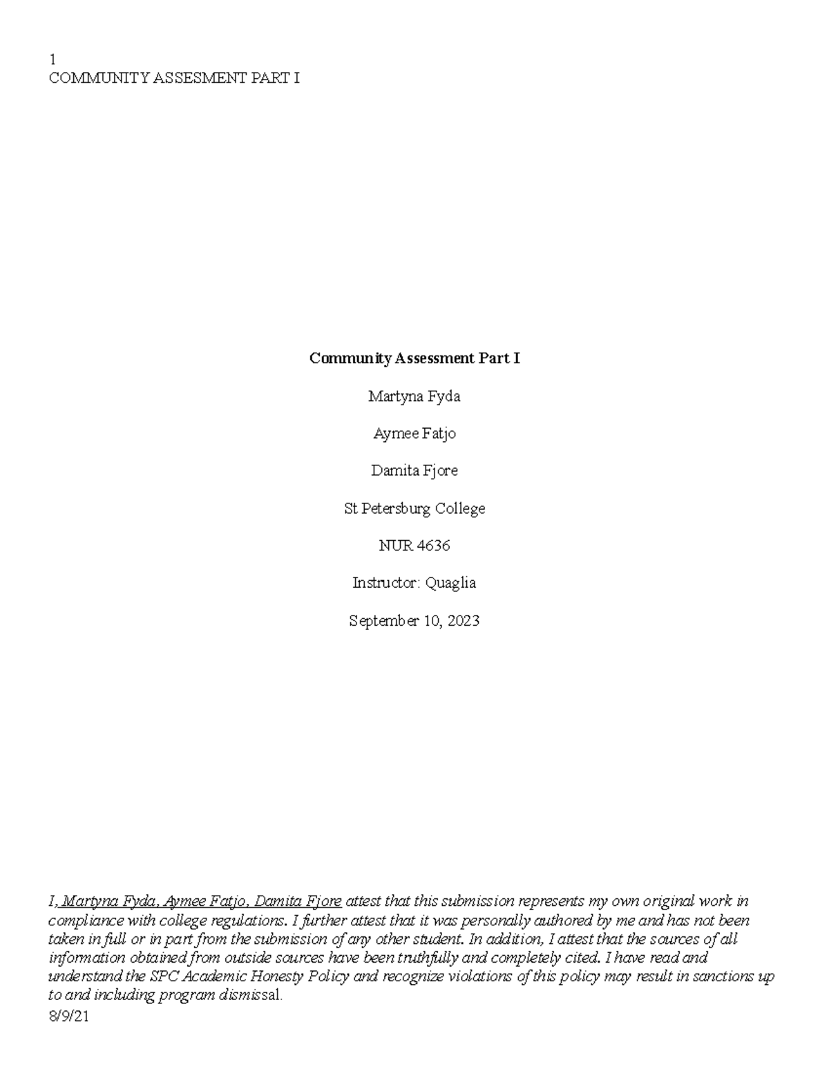 Part I Community Assessment Analysis Form 8.9.21 - COMMUNITY ASSESMENT ...