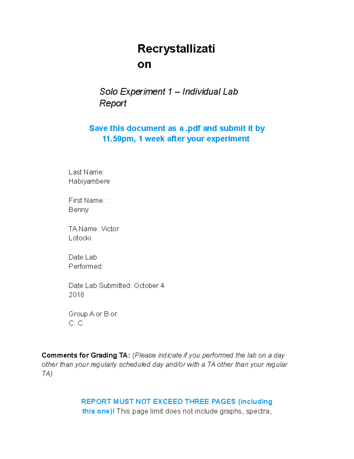 Report-sheet-recrystallization 2 - Recrystallizati on Solo Experiment 1 ...
