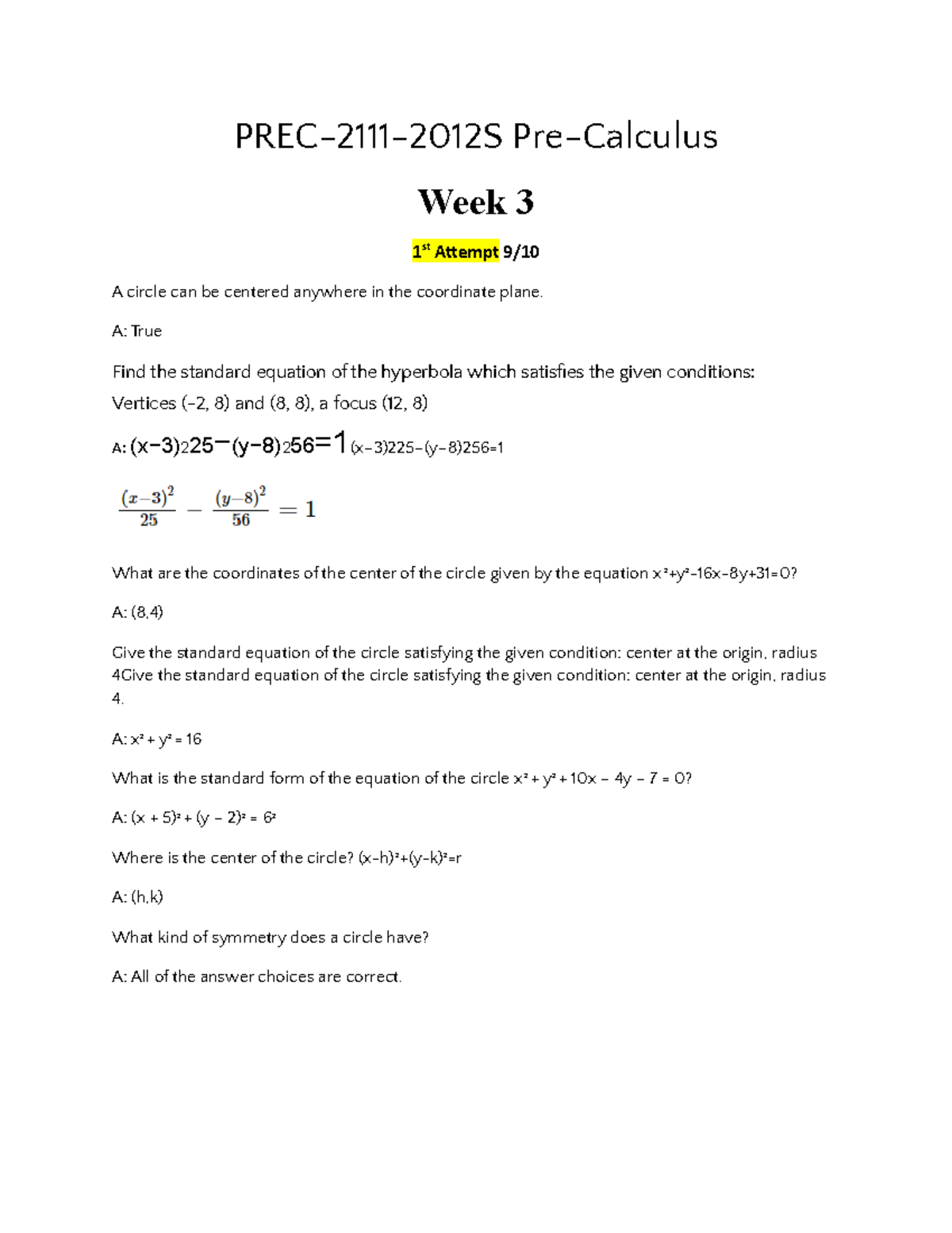 Precal week 1 20 - PREC-2111-2012S Pre-Calculus Week 3 1 st Attempt 9 ...
