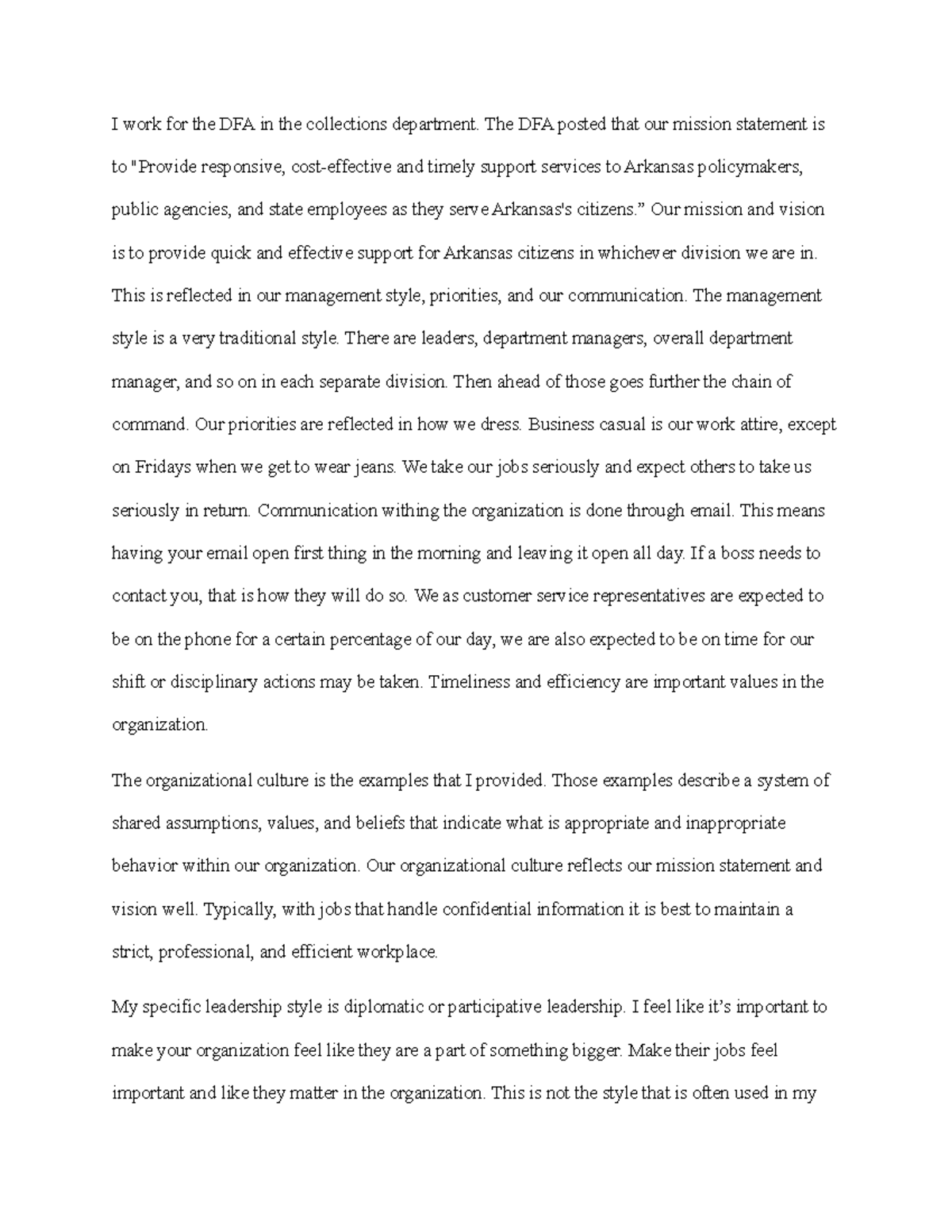 BUS 210 journal module 4 - I work for the DFA in the collections ...