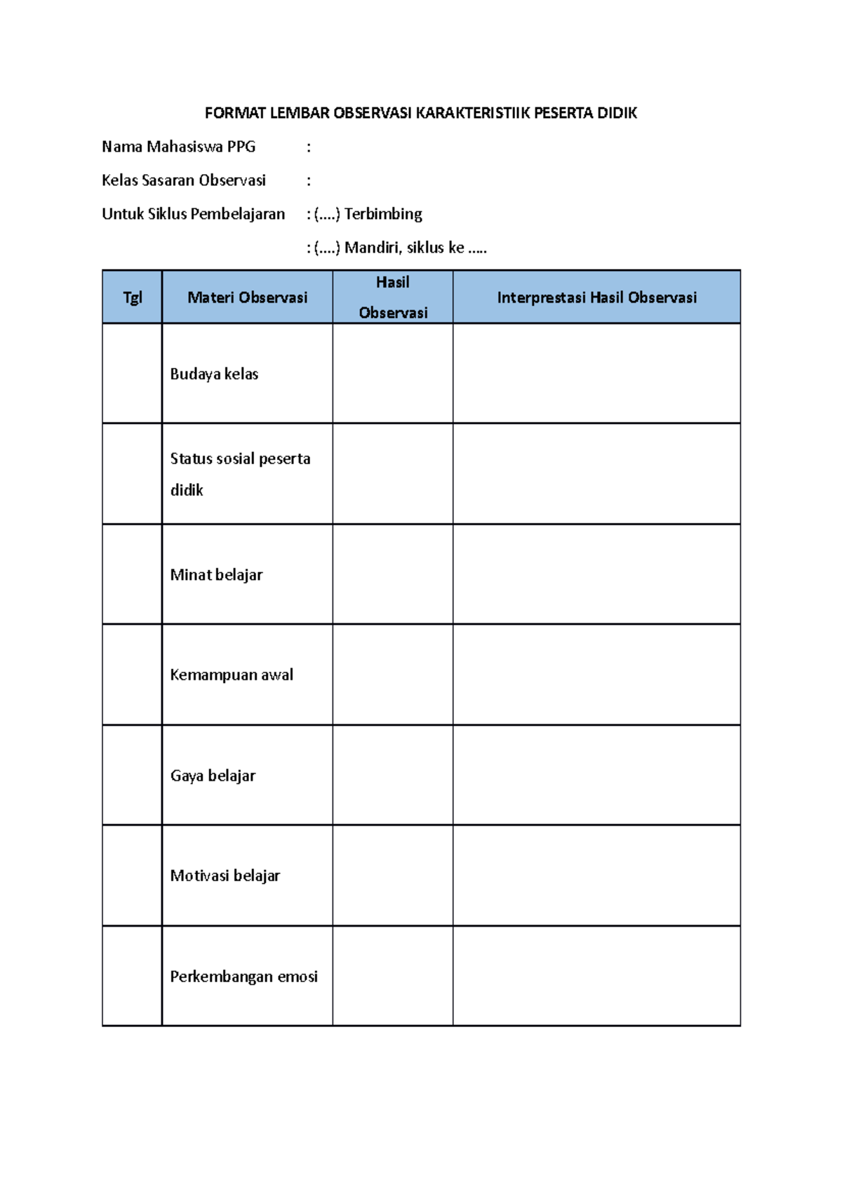 Format Lembar Observasi - FORMAT LEMBAR OBSERVASI KARAKTERISTIIK ...