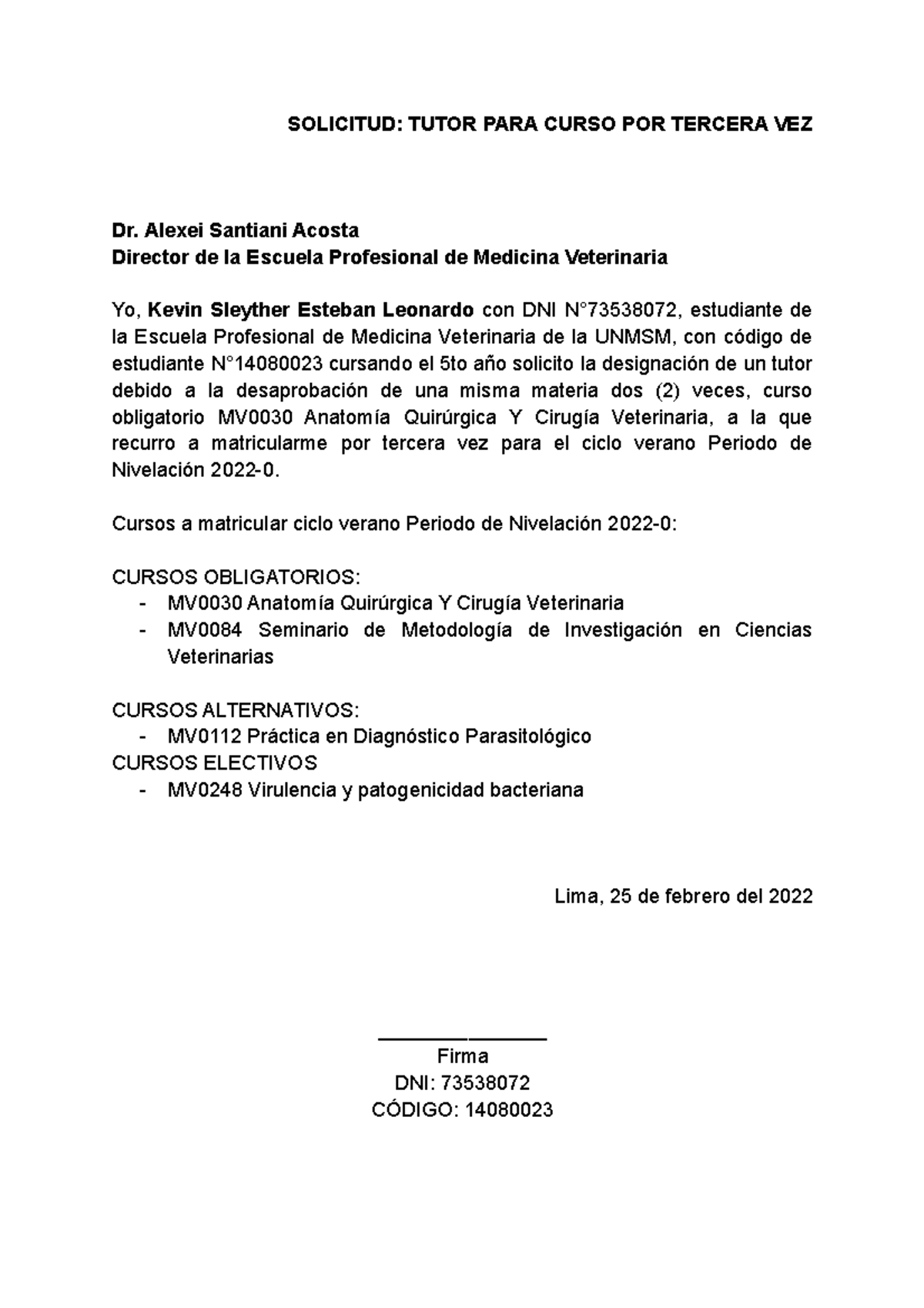 Solicitud tutor - SOLICITUD: TUTOR PARA CURSO POR TERCERA VEZ Dr ...
