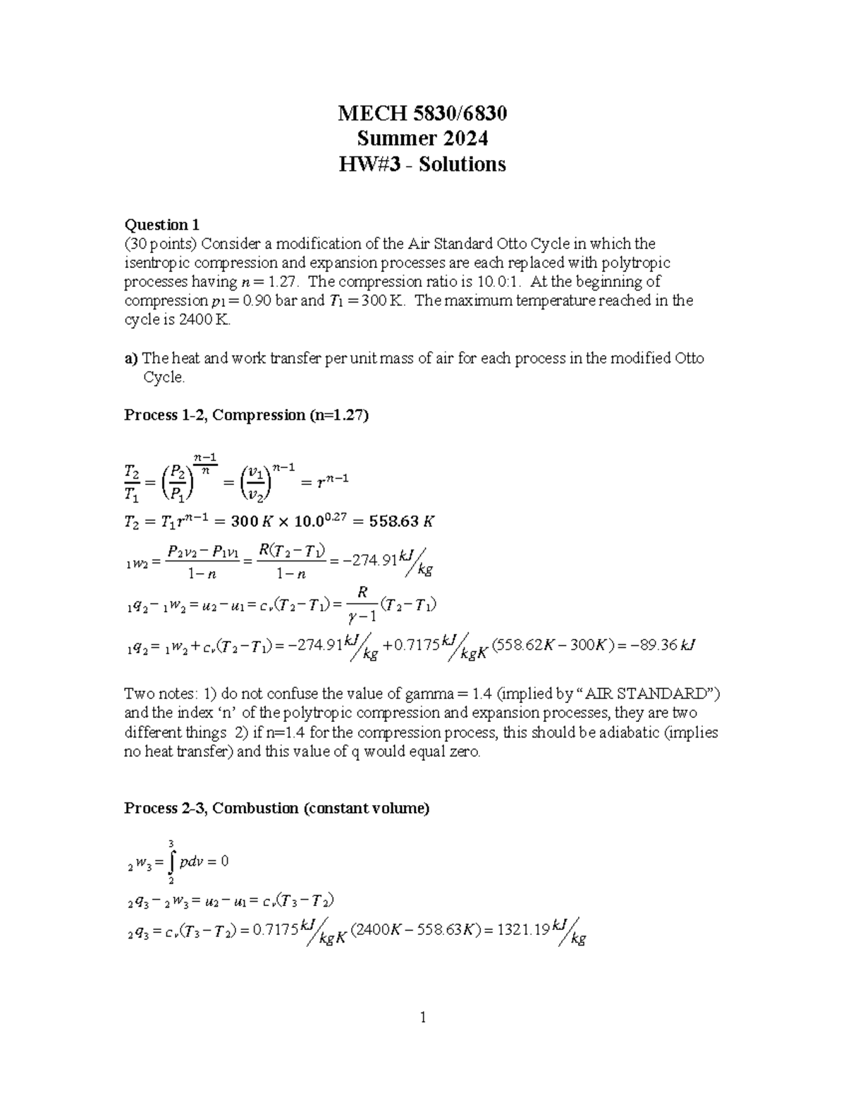Engines Solutions - MECH 5830/ Summer 202 4 HW#3 - Solutions ...