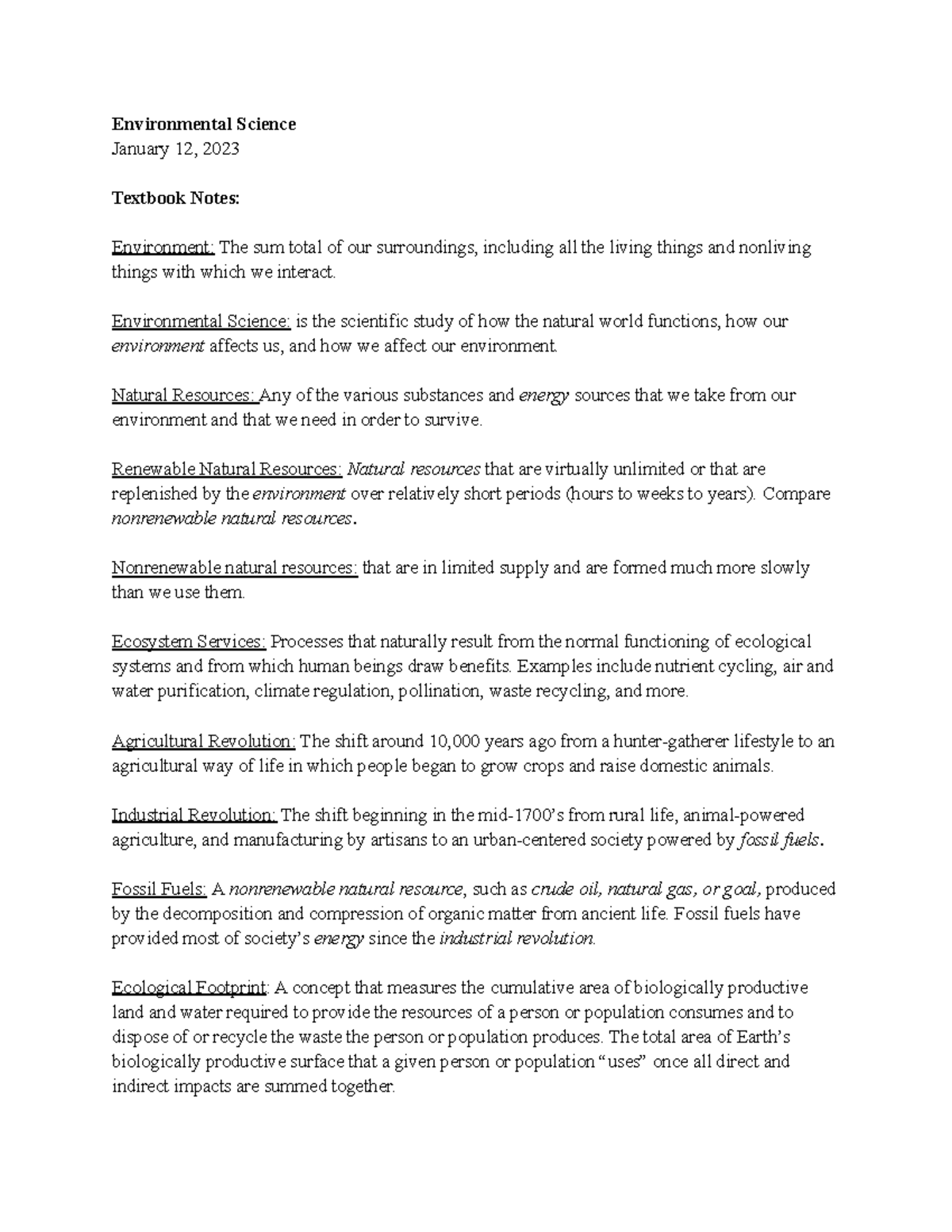 ENSP 2000 - Lecture notes chapter 1-5 - Environmental Science January ...