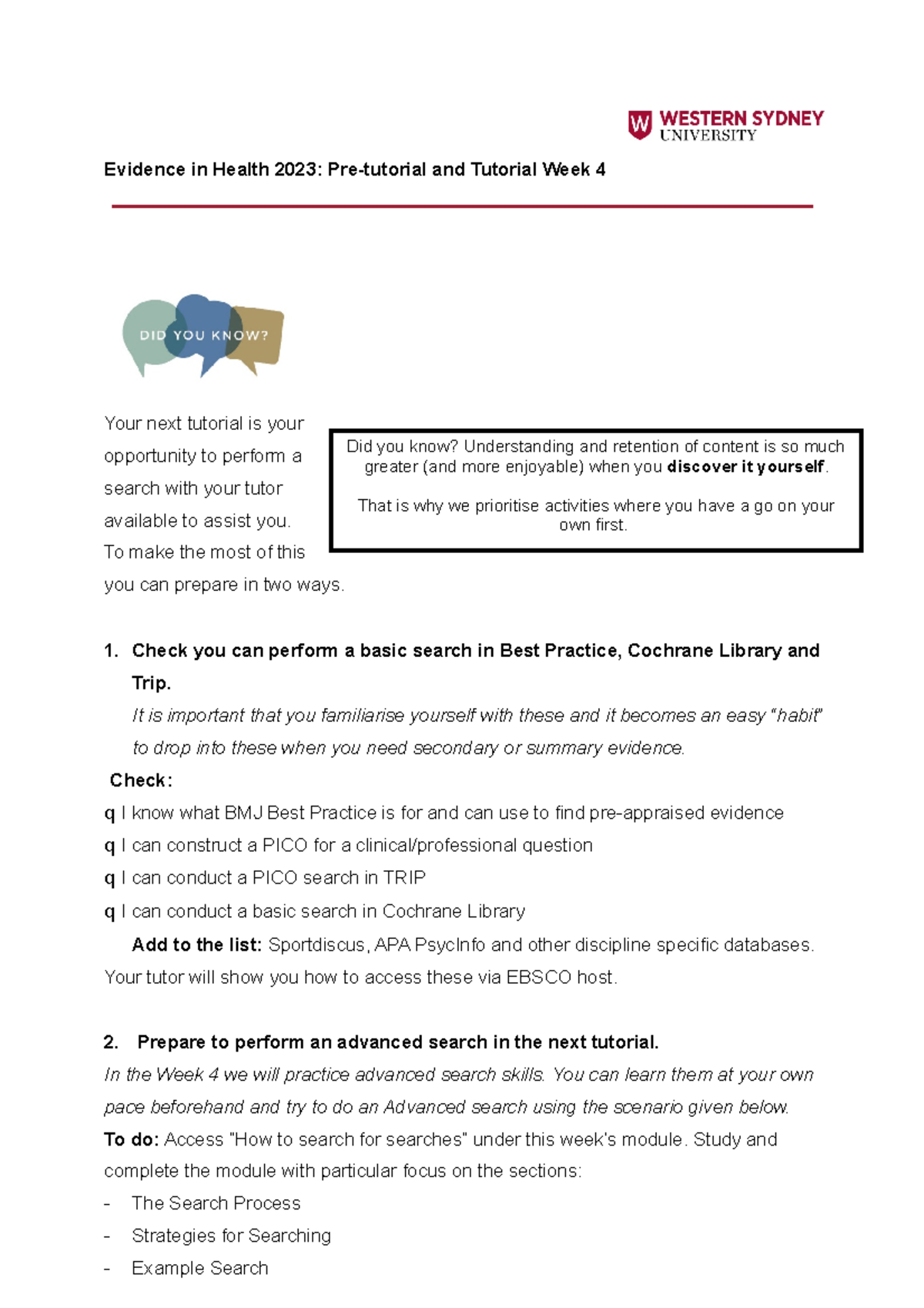 EIH Pre-tutorial and Tutorial worksheet Week 04 - Evidence in Health 2023: Pre-tutorial and ...