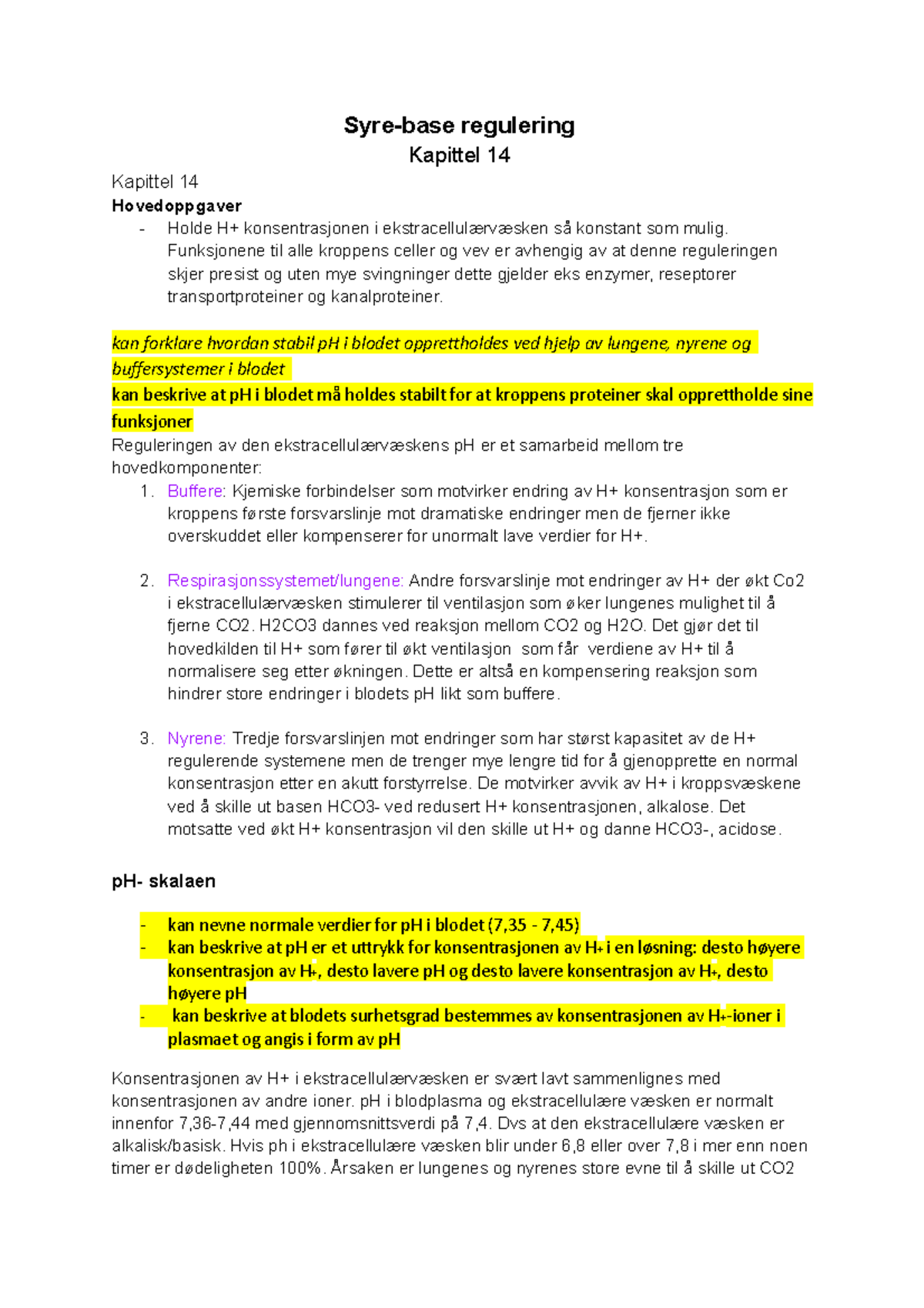 Syre-base regulering og kroppens energibalanse & omsetning av organiske ...
