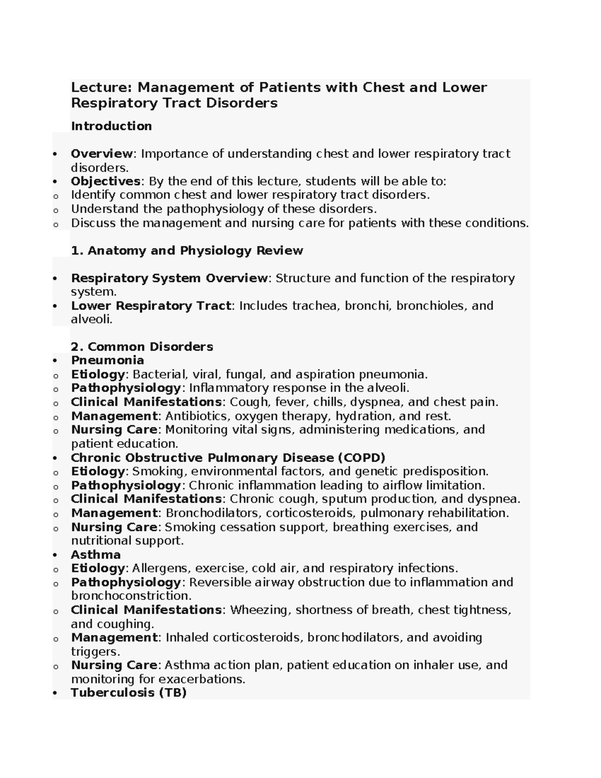 Chest & Lower Respi - Lecture: Management of Patients with Chest and ...