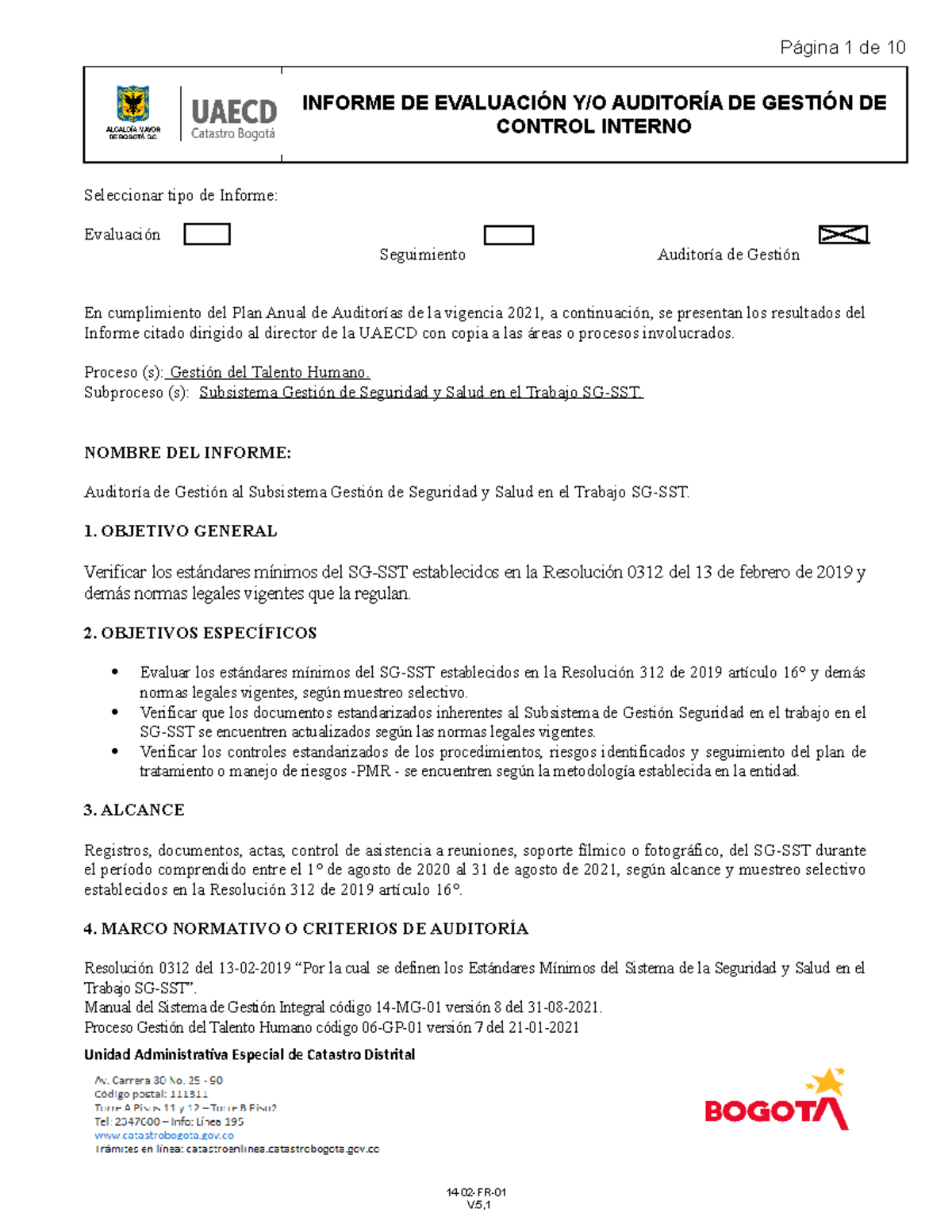 Auditoria SG SST 2021 editable - INFORME DE EVALUACIÓN Y/O AUDITORÍA DE GESTIÓN DE CONTROL ...