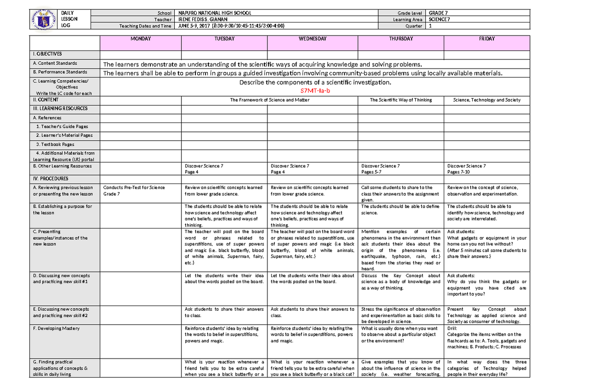 Science 7-1st week - sample daily lesson log - DAILY LESSON LOG School ...