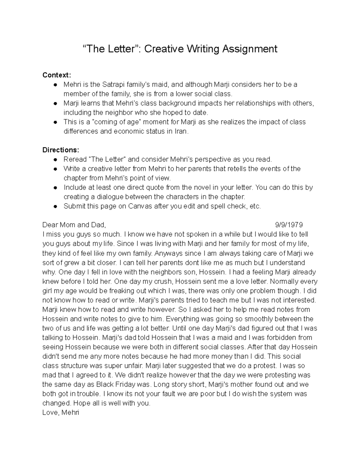 The Letter creative writing assignment