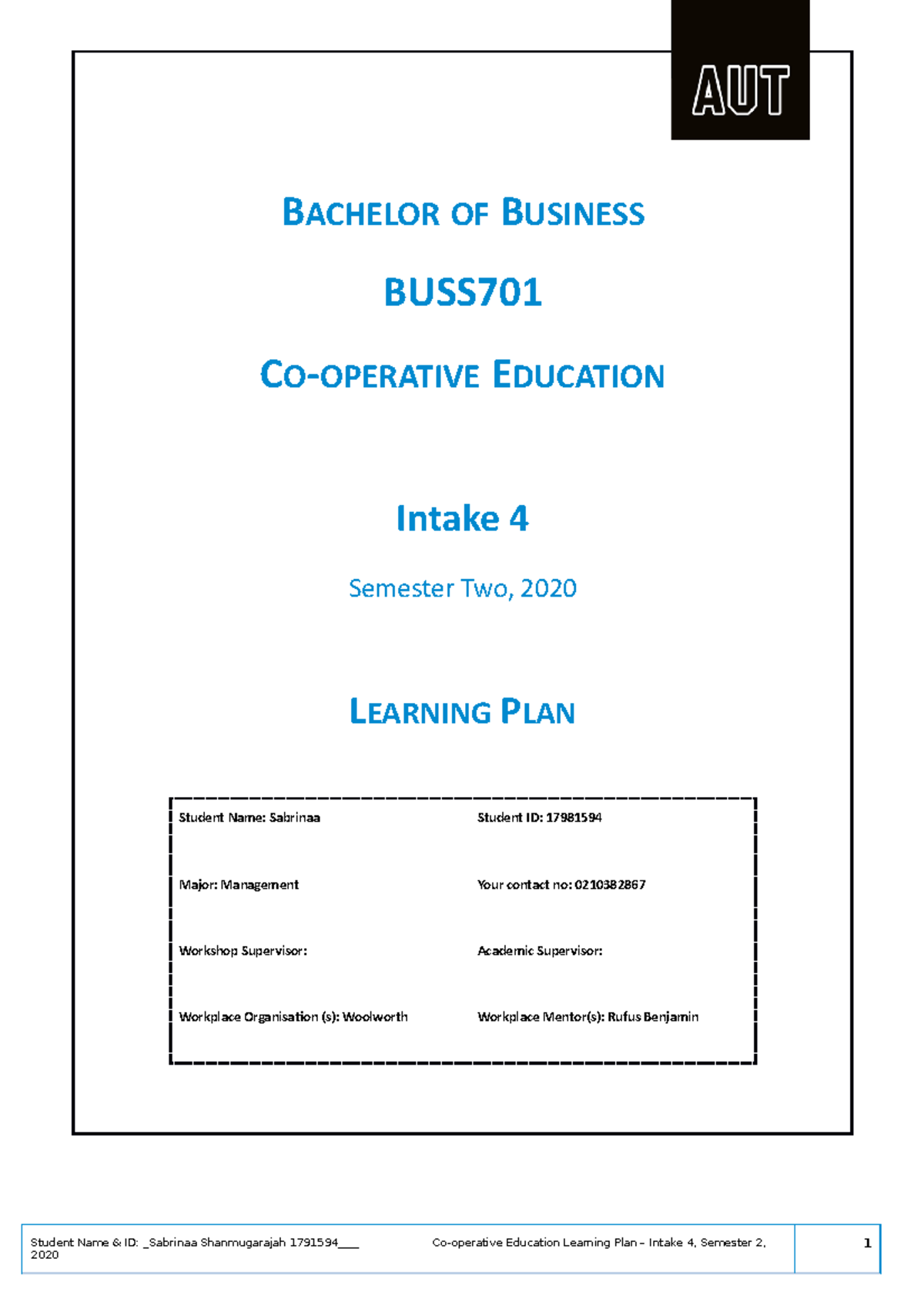 Learning Plan Template Intake 4 2020 - BACHELOR OF BUSINESS BUSS CO ...