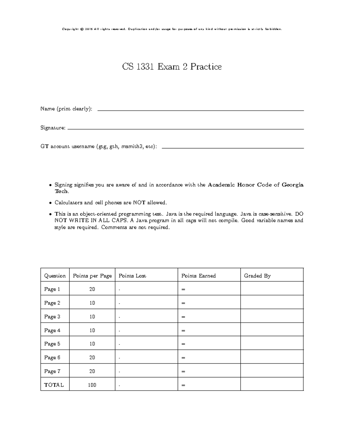 Practice Exam 2 - CS 1331 Exam 2 Practice Name (print clearly ...