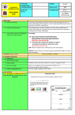 LS1 Eng. DLP-JHS (Summarizing) - ALTERNATIVE LEARNING SYSTEM DAILY ...