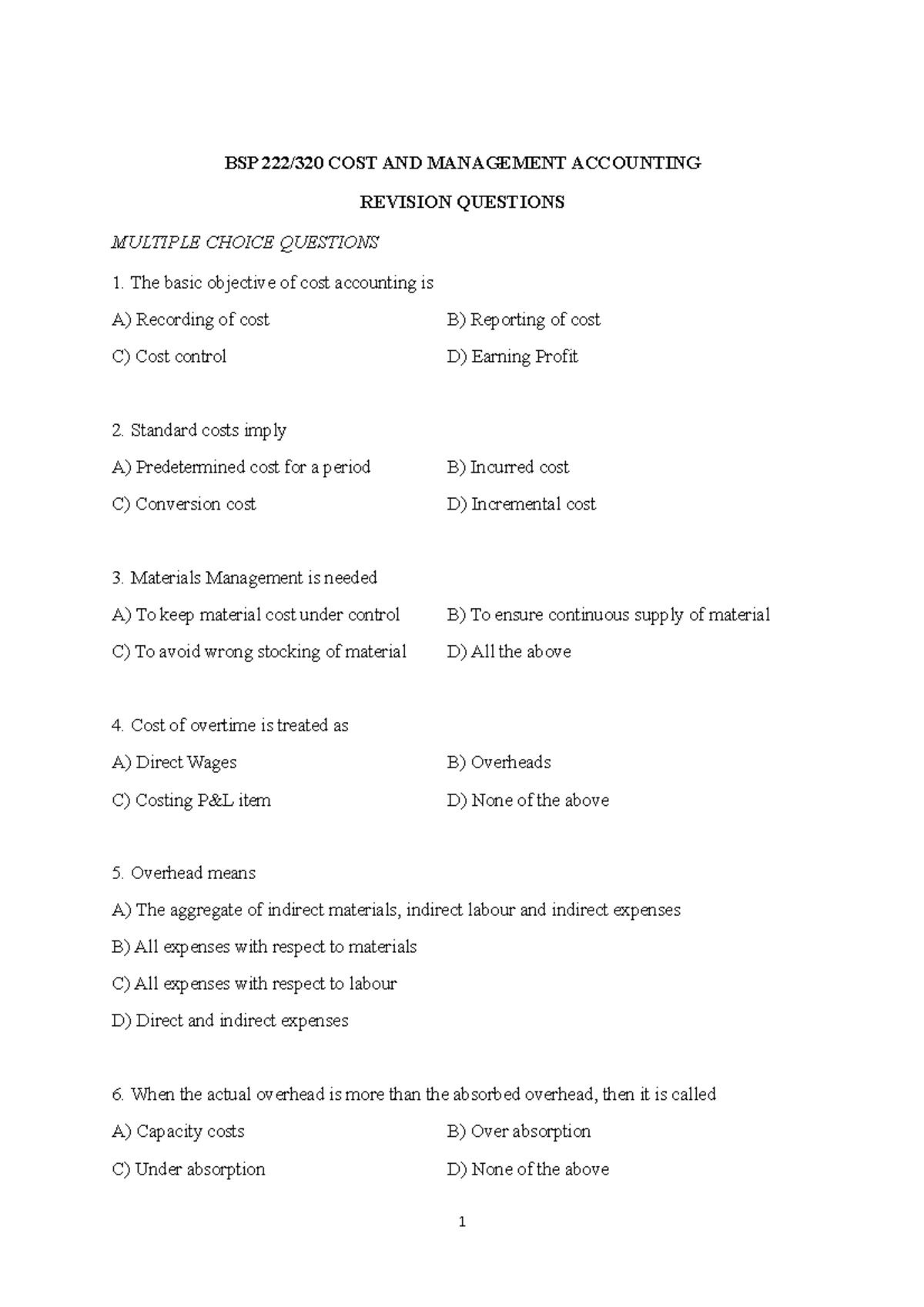 2020 BSP 320 Revision Questions - BSP 222/320 COST AND MANAGEMENT ...