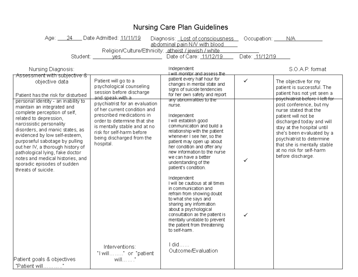 Care Plan 1 Semester 2 - Nursing Care Plan Guidelines Age: 24 Date ...