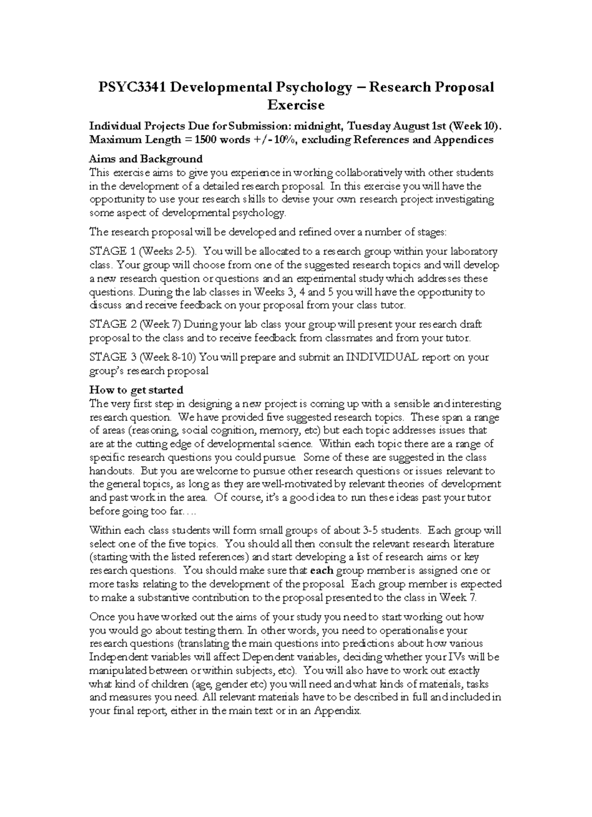 PSYC3341 Research Proposal Guidelines 2023 - PSYC3341 Developmental ...