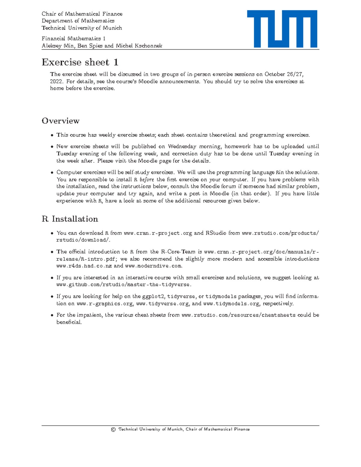 Exercise sheet 1-Solution - Chair of Mathematical Finance Department of ...