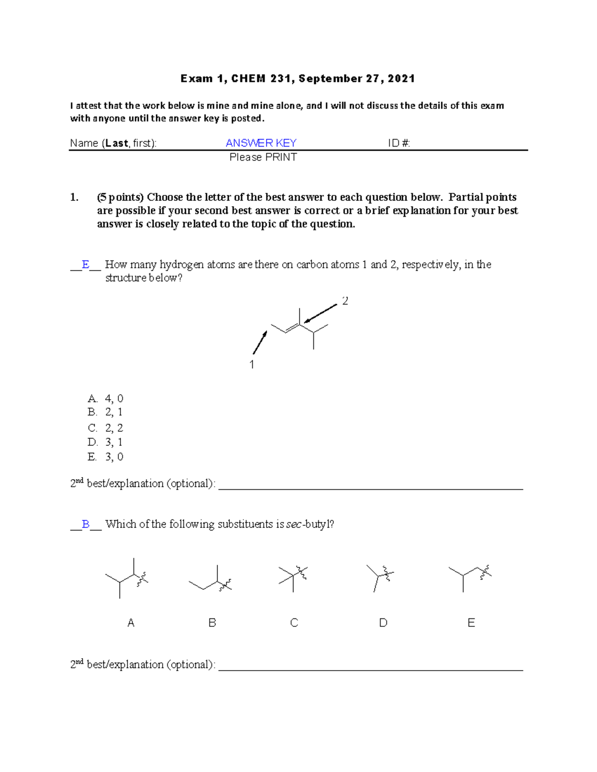 Exam 1 CHEM 231 September 27 2021 - Studocu