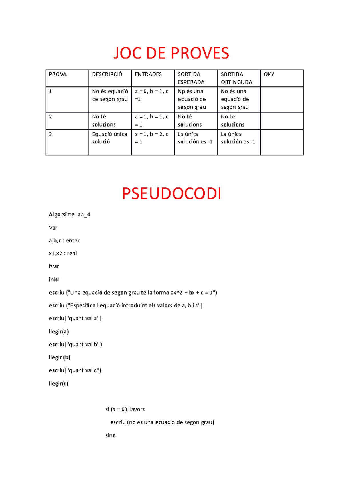 Lab 4 pseudo y joc proves - JOC DE PROVES PROVA DESCRIPCIÓ ENTRADES SORTIDA ESPERADA SORTIDA ...