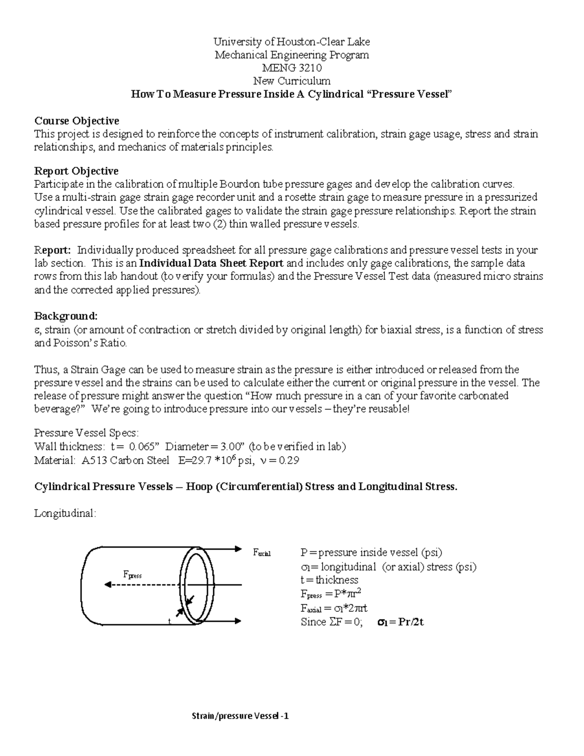 Pressure Vessel Lab Handout - ####### University of Houston-Clear Lake ...