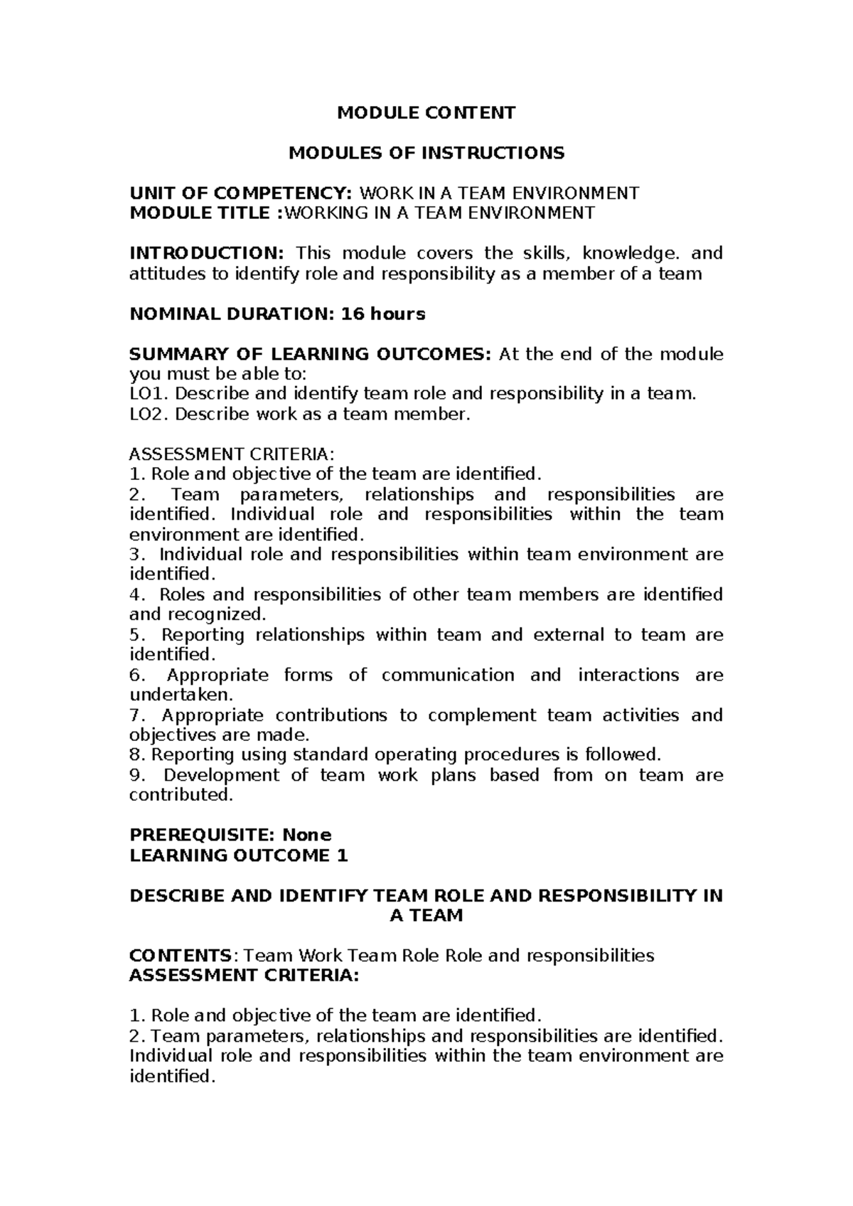 Work in team environment - MODULE CONTENT MODULES OF INSTRUCTIONS UNIT ...