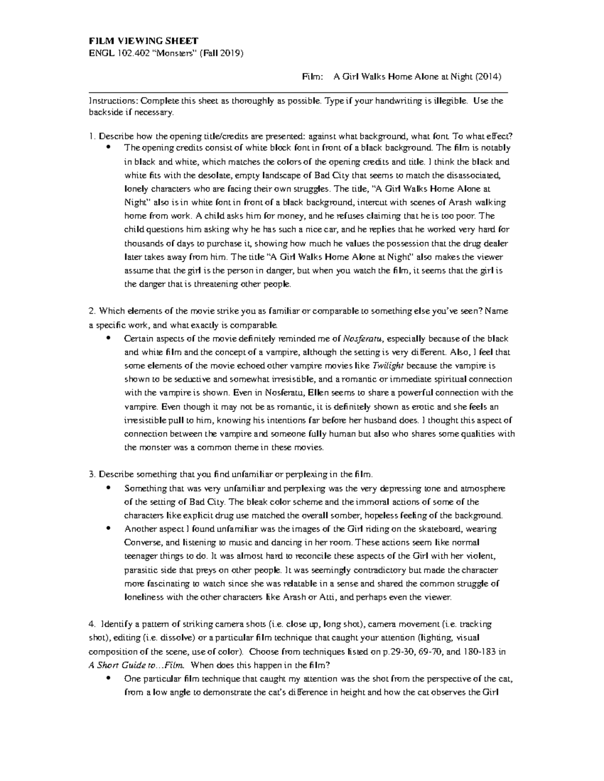 Monsters Film Sheet 8 2019 - FILM VIEWING SHEET ENGL 102 “Monsters ...