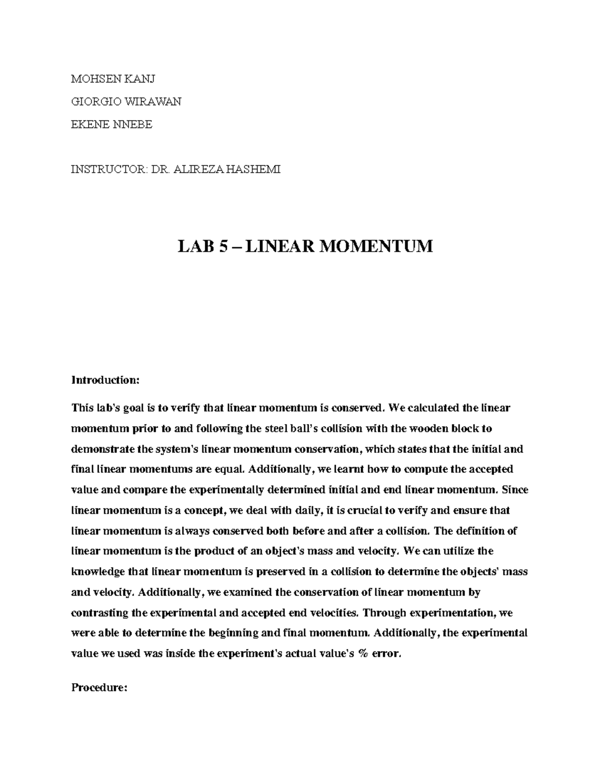Physics Lab 5 - Linear Momentum - MOHSEN KANJ GIORGIO WIRAWAN EKENE ...
