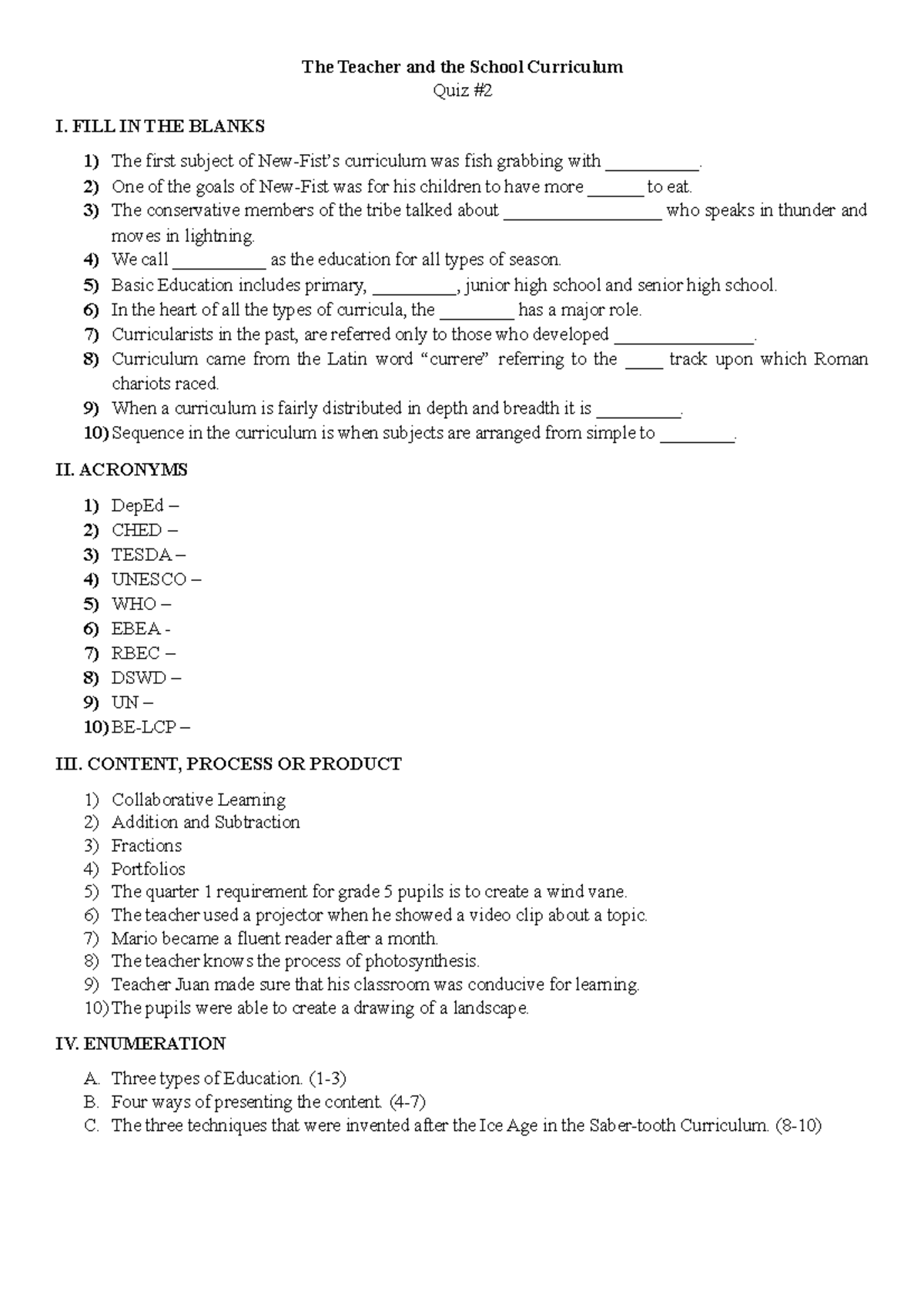The Teacher and the School Curriculum Quiz #2 - FILL IN THE BLANKS The ...