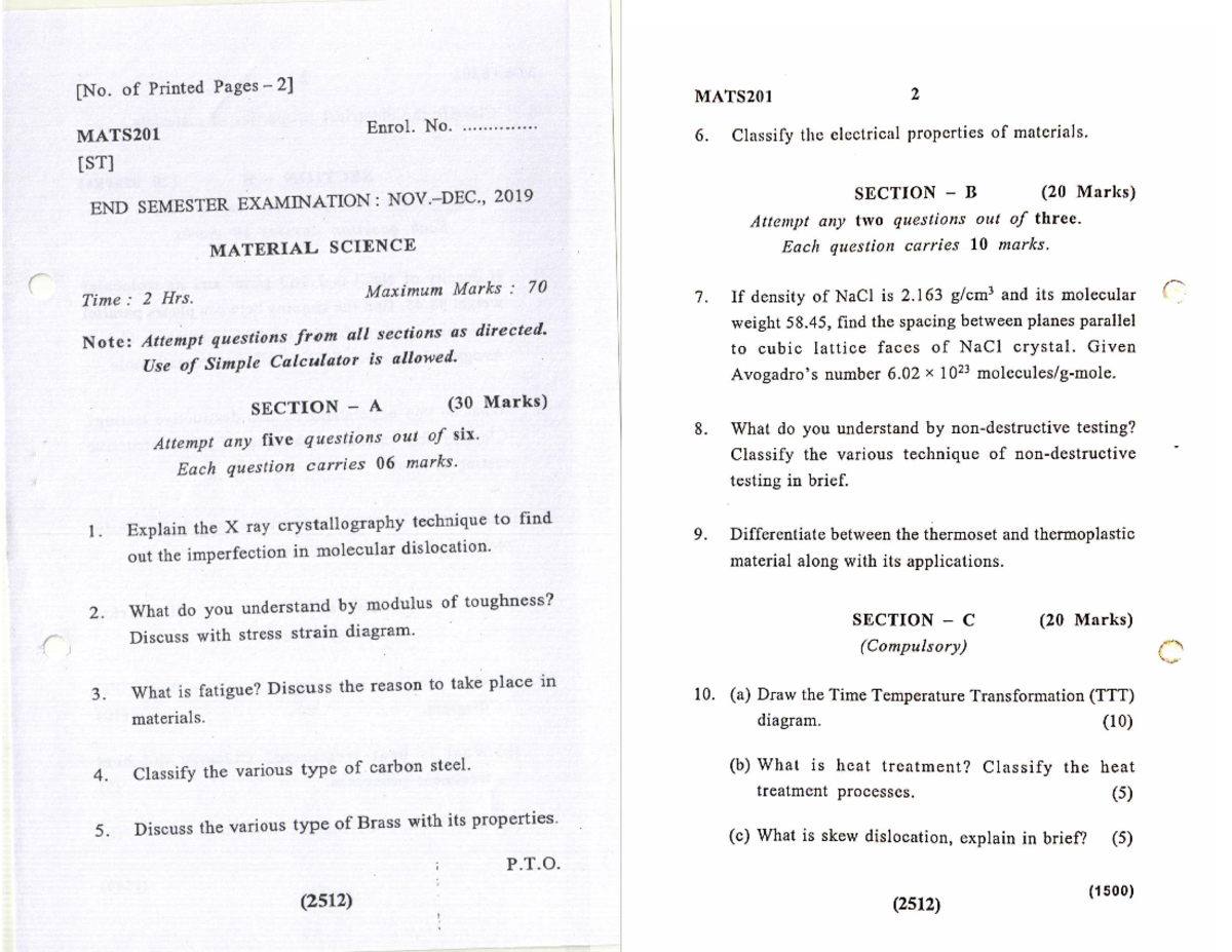 Material Science, MATS201 (), Nov.-Dec. 2019 - Strength of Materials - Studocu