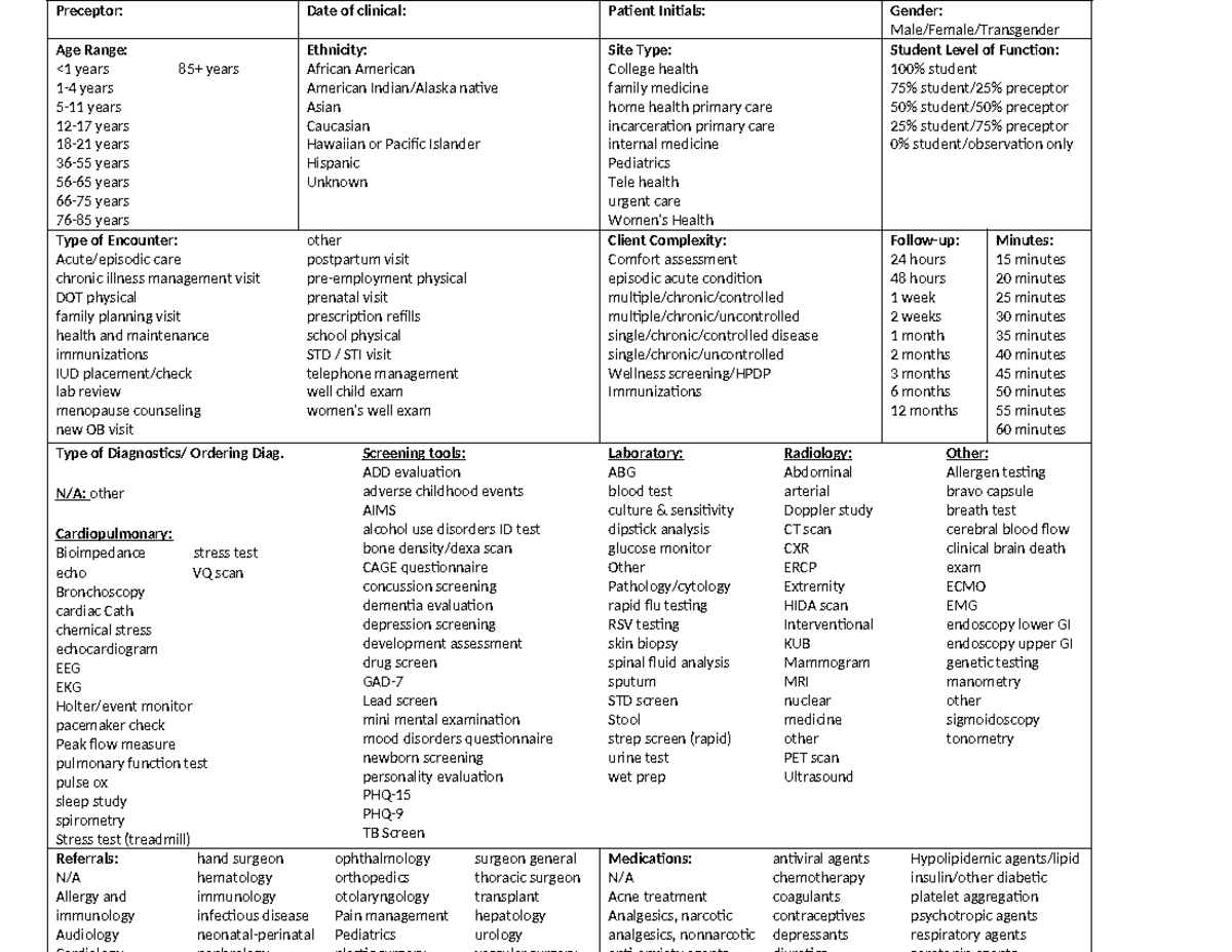 Log template - Lecture notes - Preceptor: Date of clinical: Patient ...