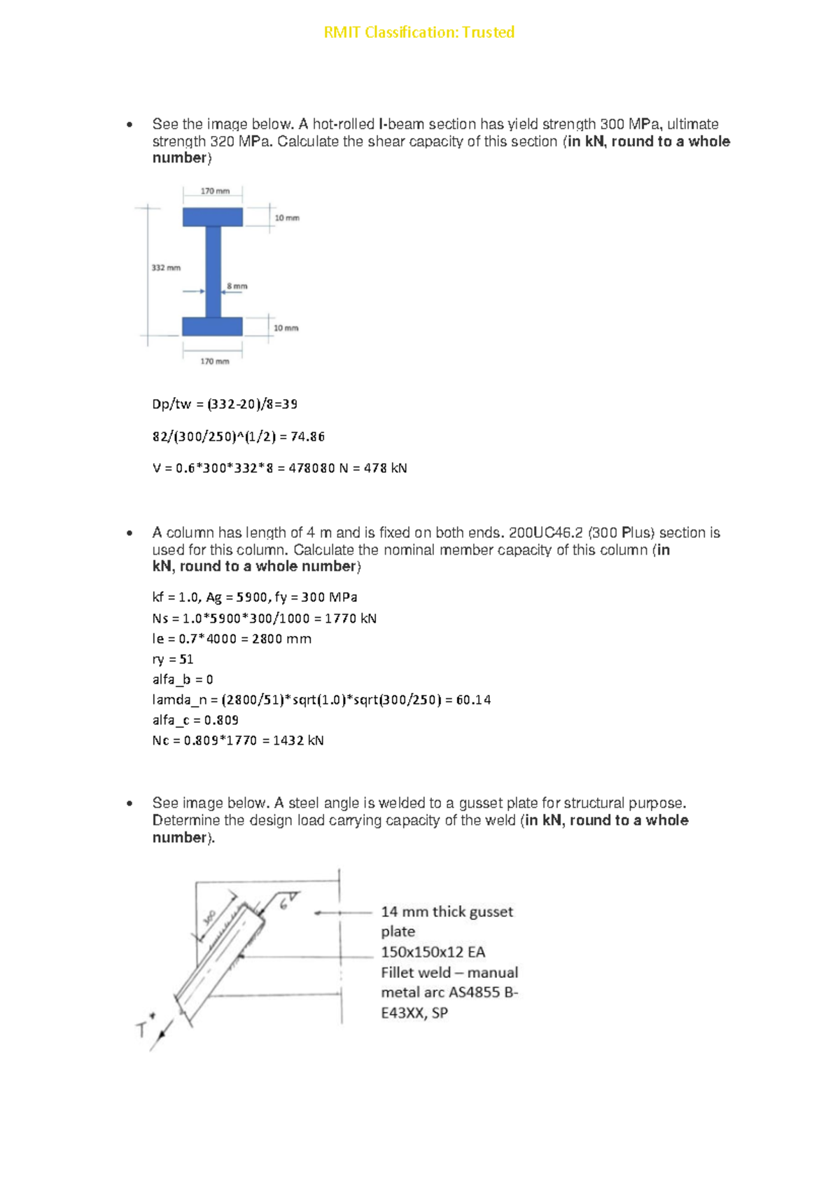 Sample quiz solution - ass4-1 - See the image below. A hot-rolled I ...