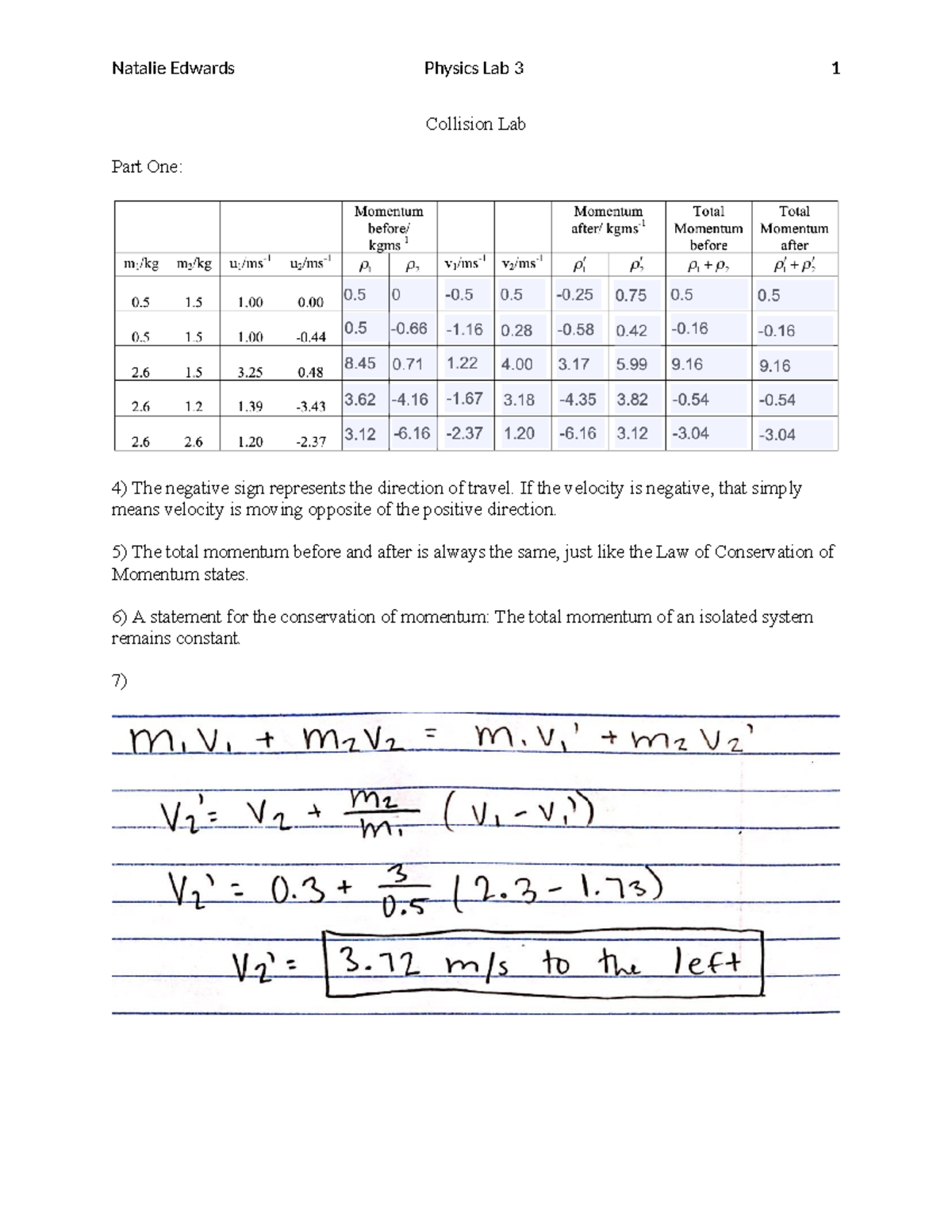 Collision Lab - lab report - PHYS 1301 - Natalie Edwards Physics Lab 3 ...