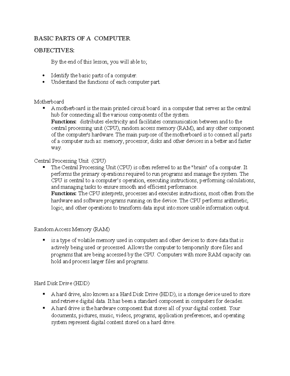 Basic Parts OF A Computer - BASIC PARTS OF A COMPUTER OBJECTIVES: By ...