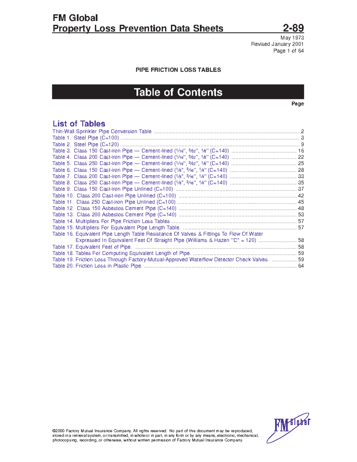 PIPE FRICTION LOSS TABLES REVIEW REFERENCE - May 1973 Revised January ...