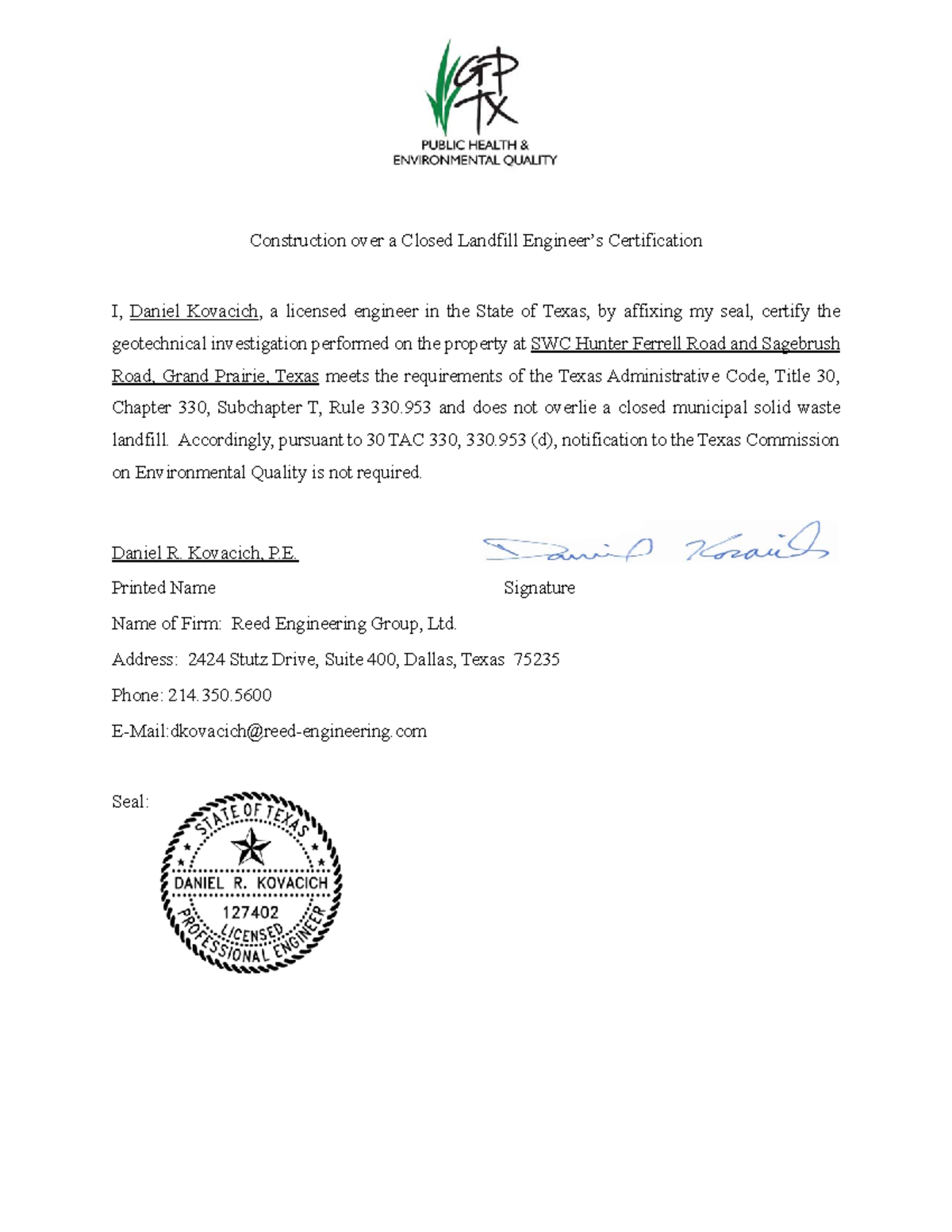 Certification Letter - Subchapter T - Construction over a Closed ...