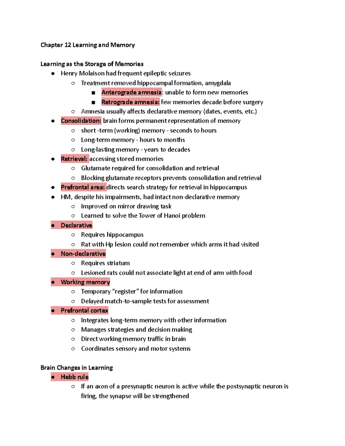 Physio unit 4 Part 1 - Chapter 12 Learning and Memory Learning as the Storage of Memories Henry ...