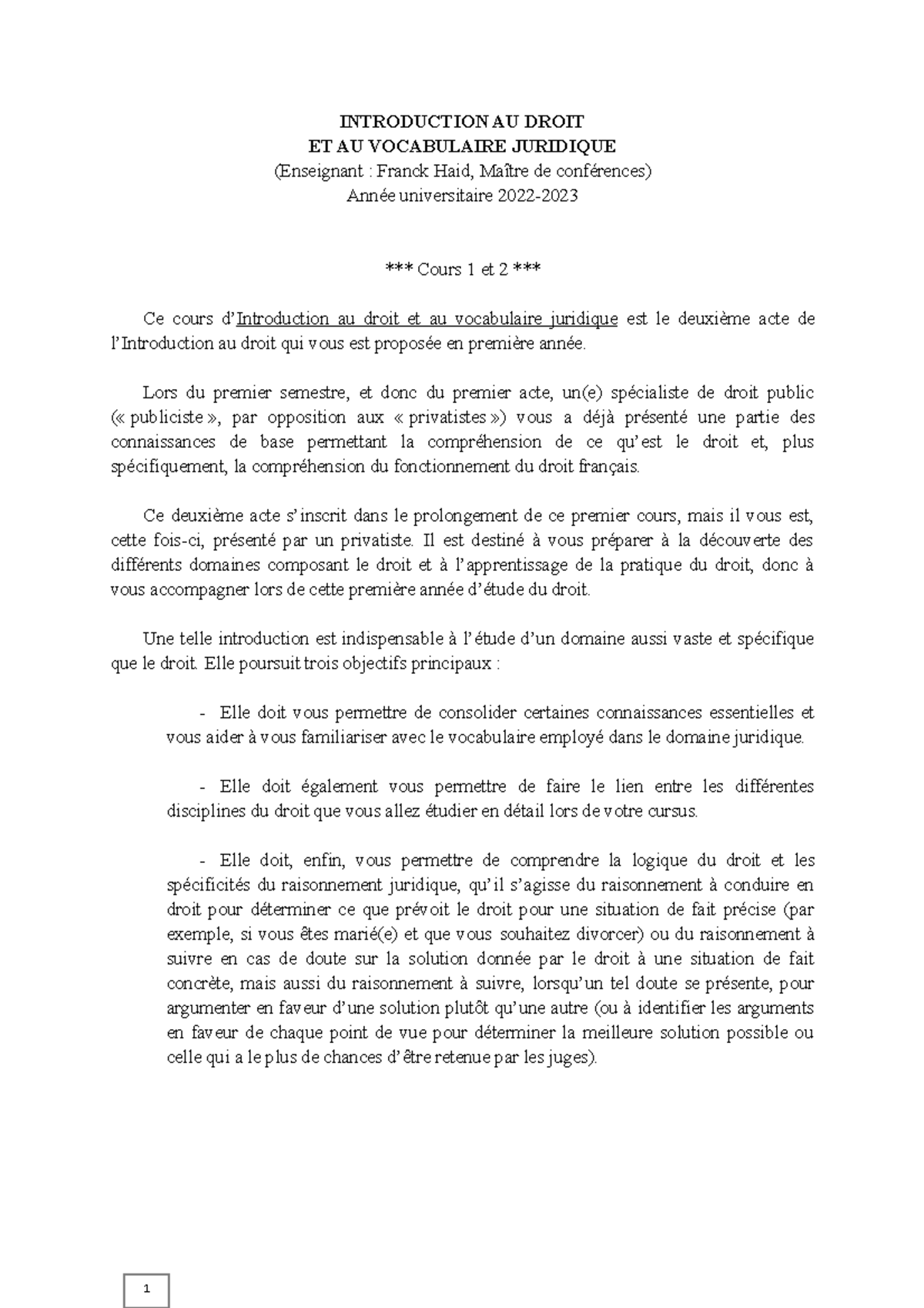 Introduction au droit 2022-2023 (Cours 1 et 2) - AMU - Studocu