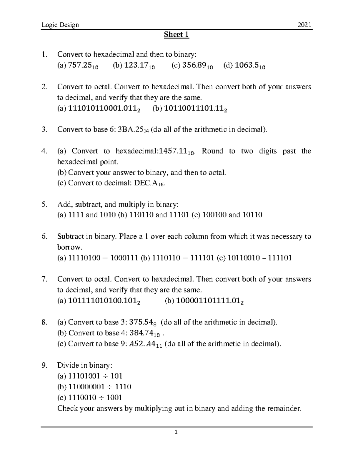 Sheet 1 Logic Design - .... - Logic Design 2021 1 Sheet 1 Convert to ...