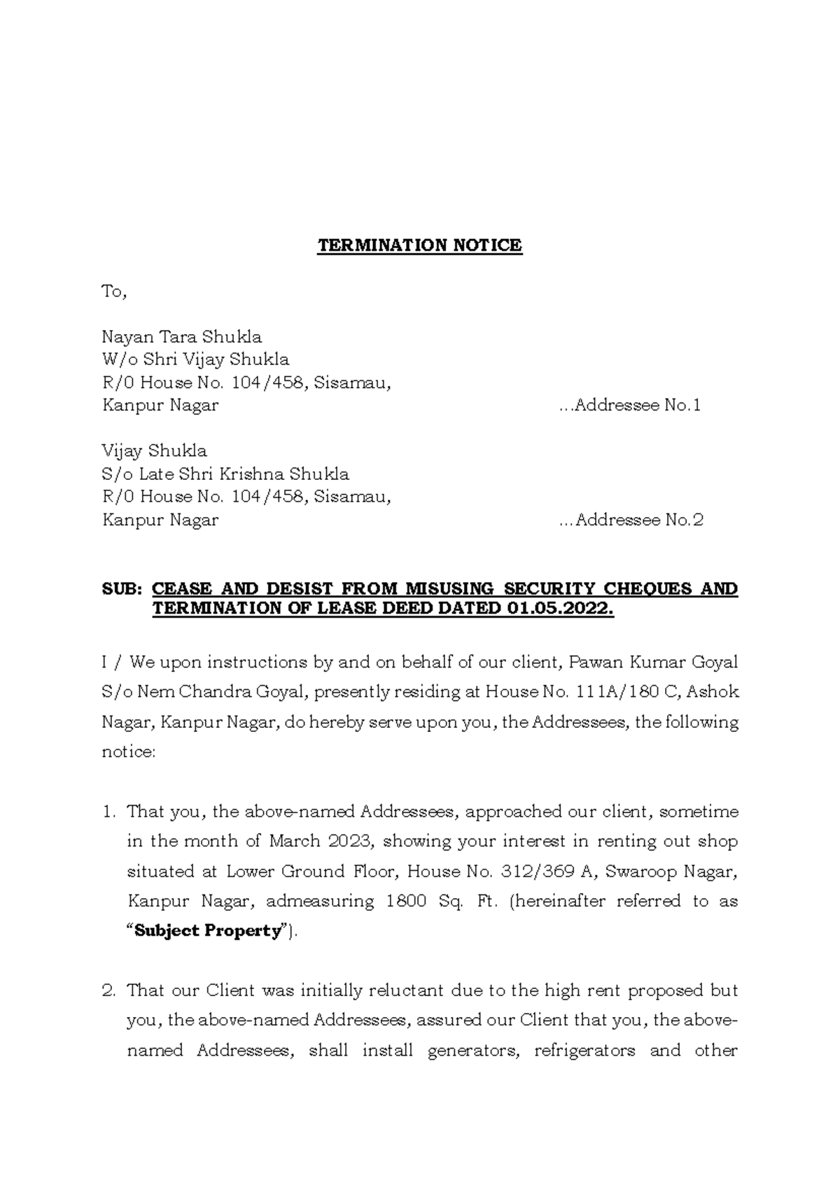 Termination Notice - Pawan Kumar Goyal - TERMINATION NOTICE To, Nayan ...