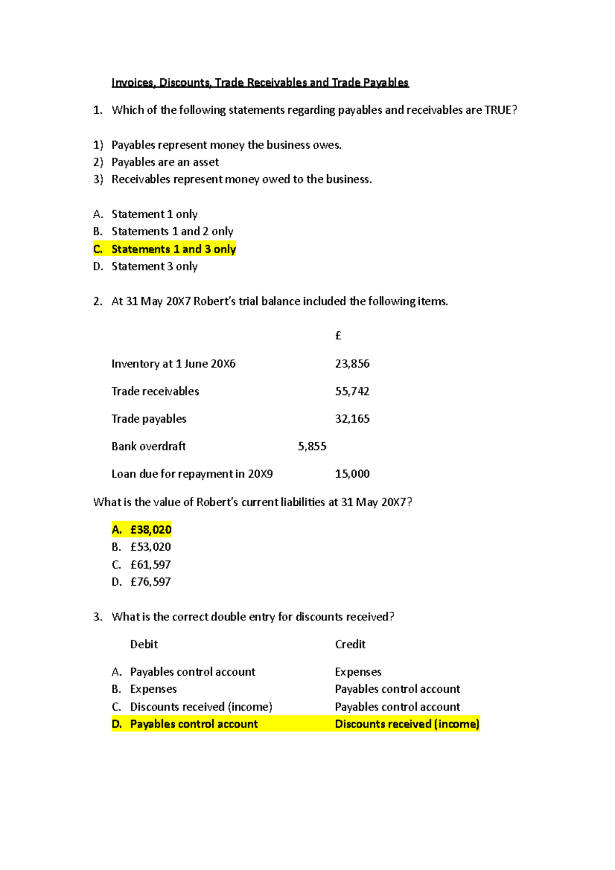 Invoices, Discounts, Receivables and Payables answers(1) - Invoices ...