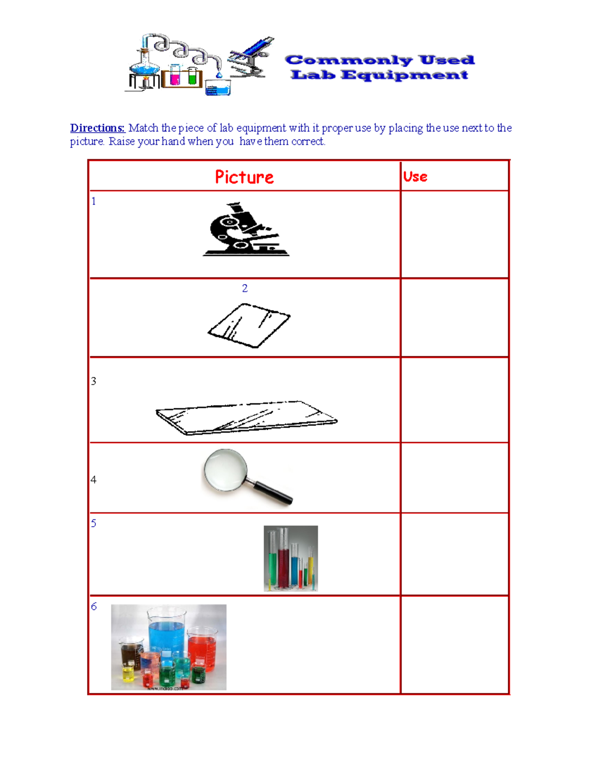 Lab equipment matching activity 2 - Directions: Match the piece of lab ...