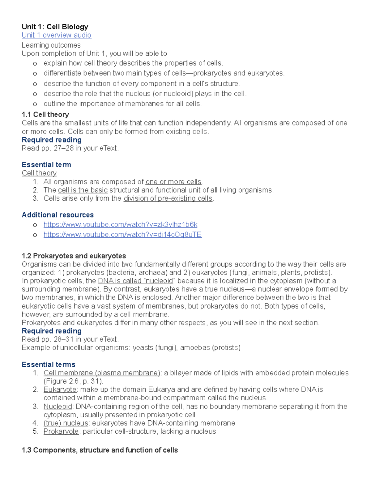 BIOL 204 Study Guide UNIT 1 - Unit 1: Cell Biology Unit 1 overview ...