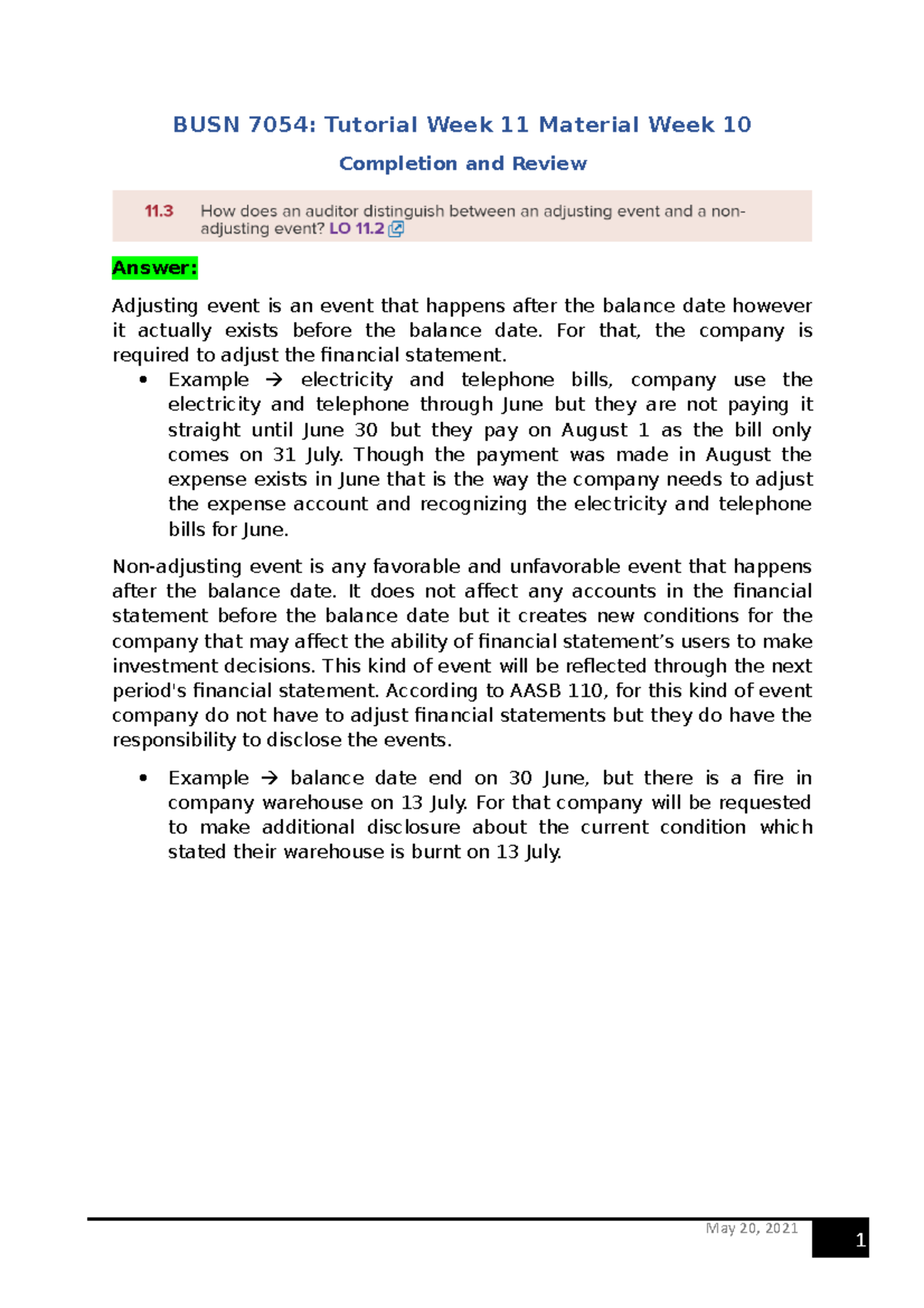 BUSN 7054 Auditing Week 4 - May 20, 2021 BUSN 7054: Tutorial Week 11 ...