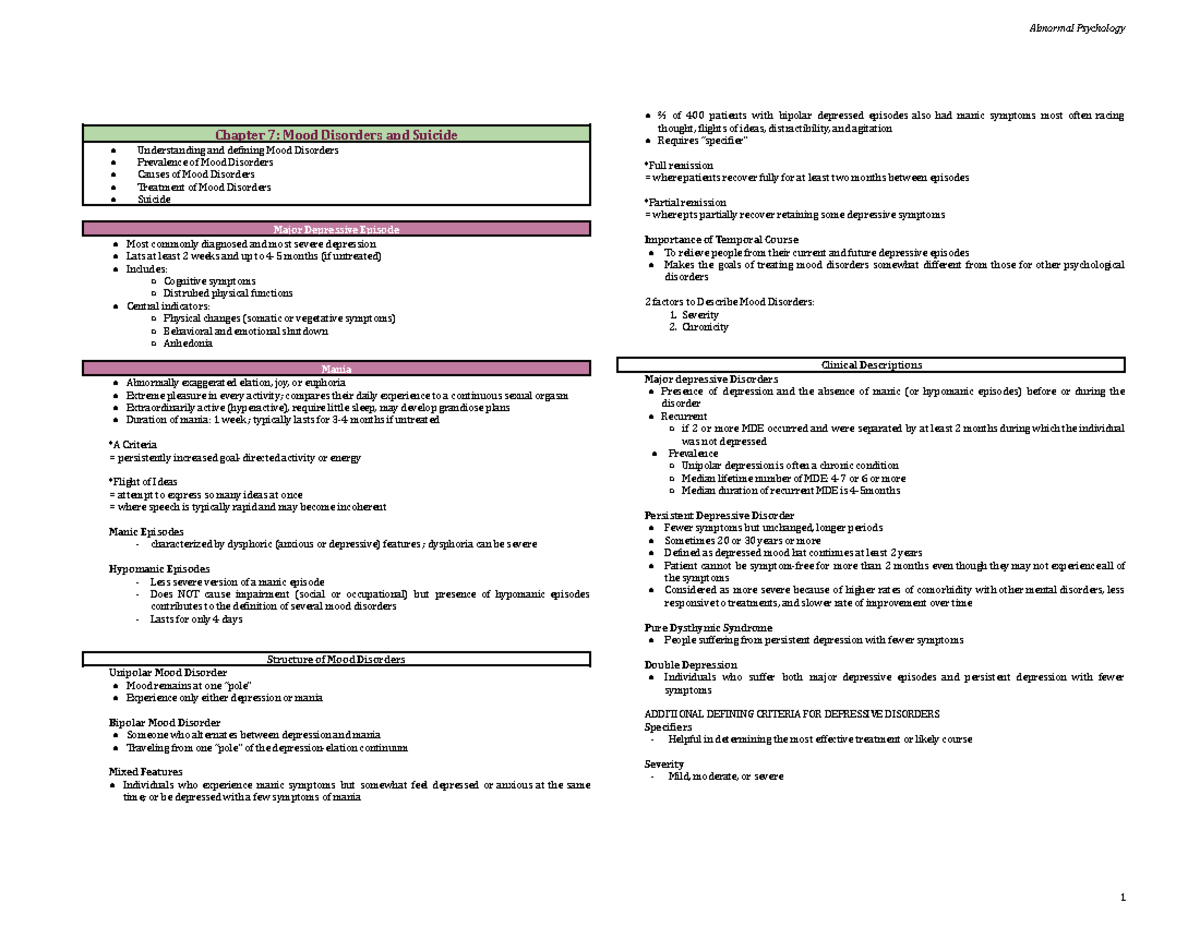 Ab Psych Finals Notes - Chapter 7: Mood Disorders and Suicide ...