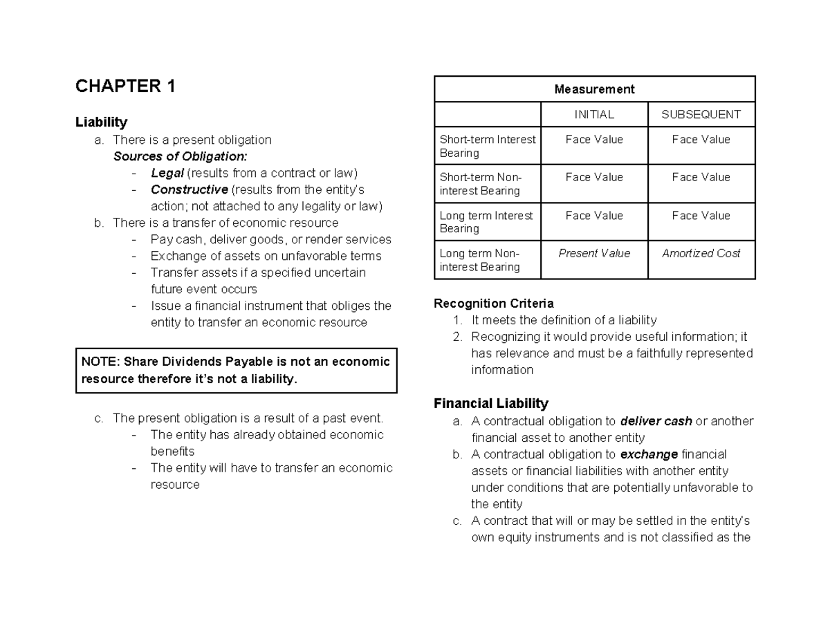IA-Theories - intacc rev - CHAPTER 1 Liability a. There is a present ...