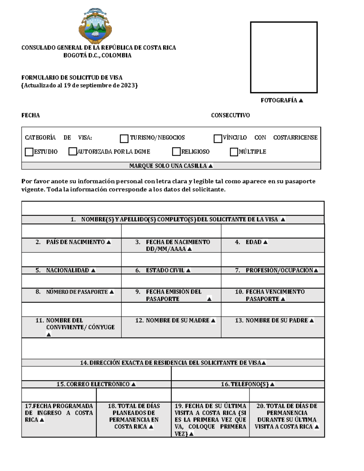 Formato Formulario visa SEP 23 - CONSULADO GENERAL DE LA REPÚBLICA DE ...