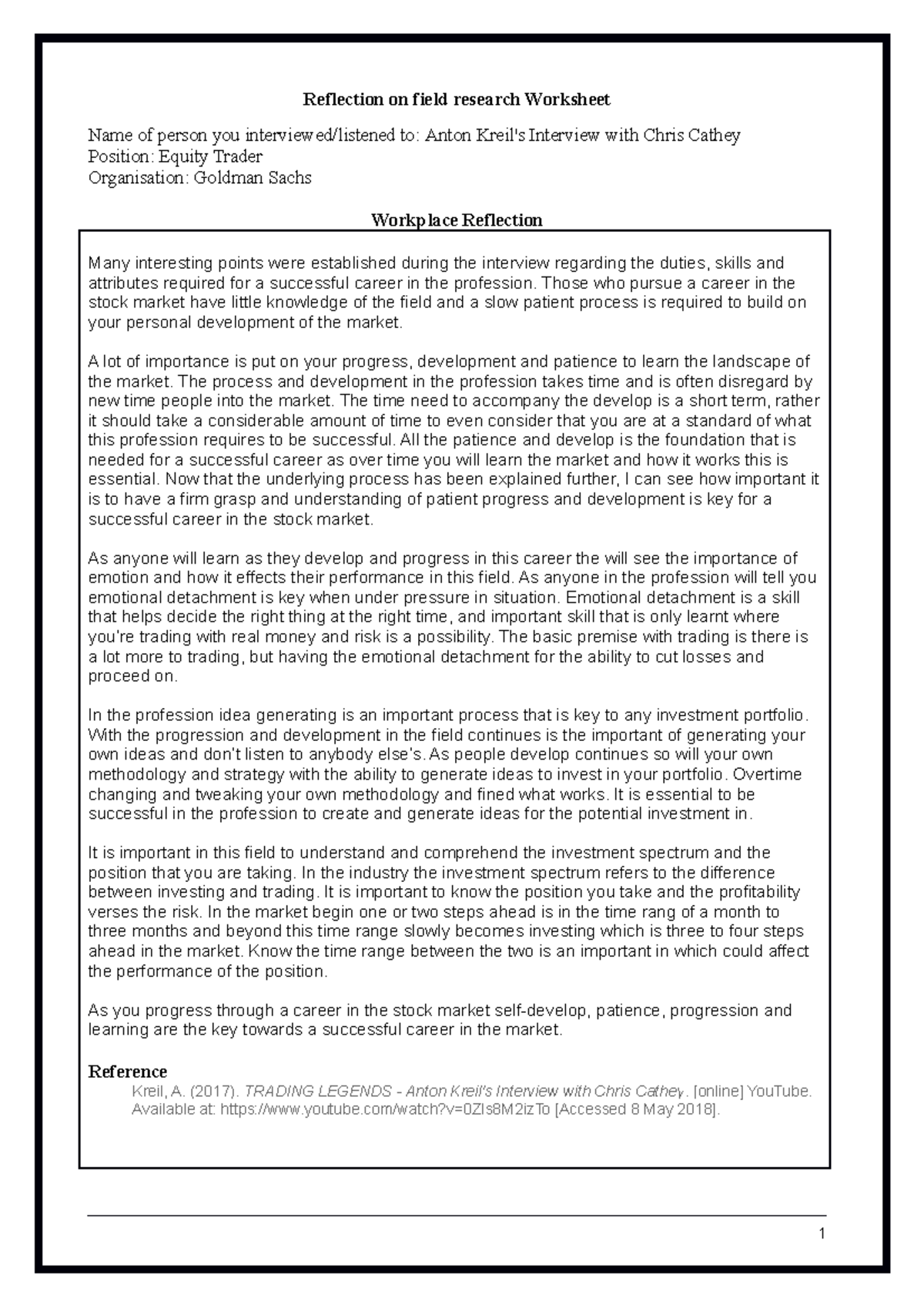 Reflection on field research Worksheet - Those who pursue a career in ...