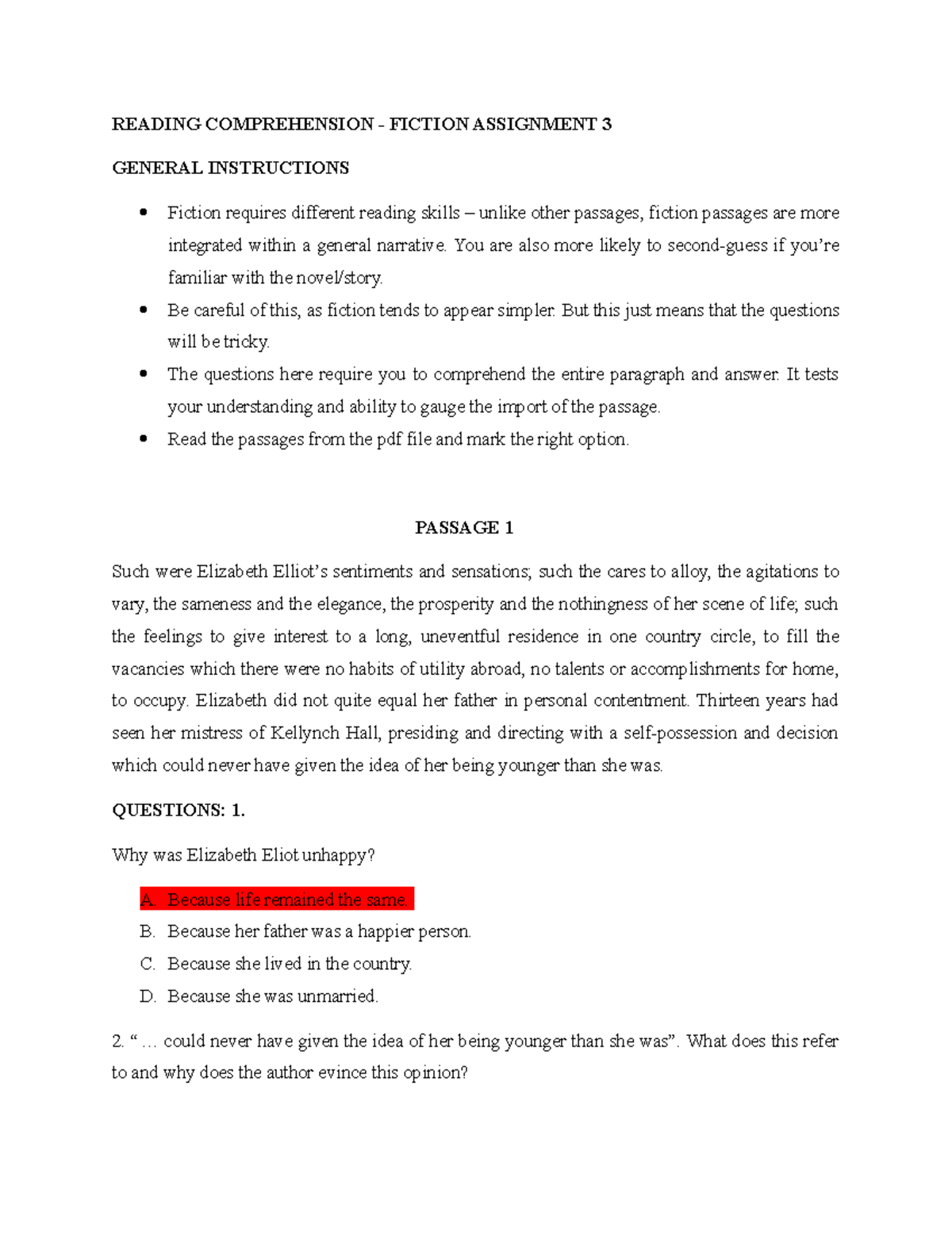 Passages - not any - READING COMPREHENSION - FICTION ASSIGNMENT 3 ...