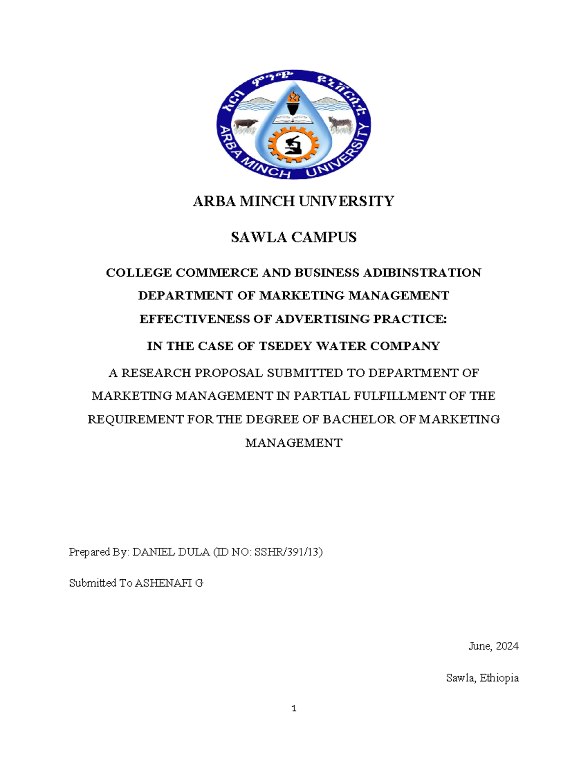 Daniel Dula final proposal paper - ARBA MINCH UNIVERSITY SAWLA CAMPUS ...